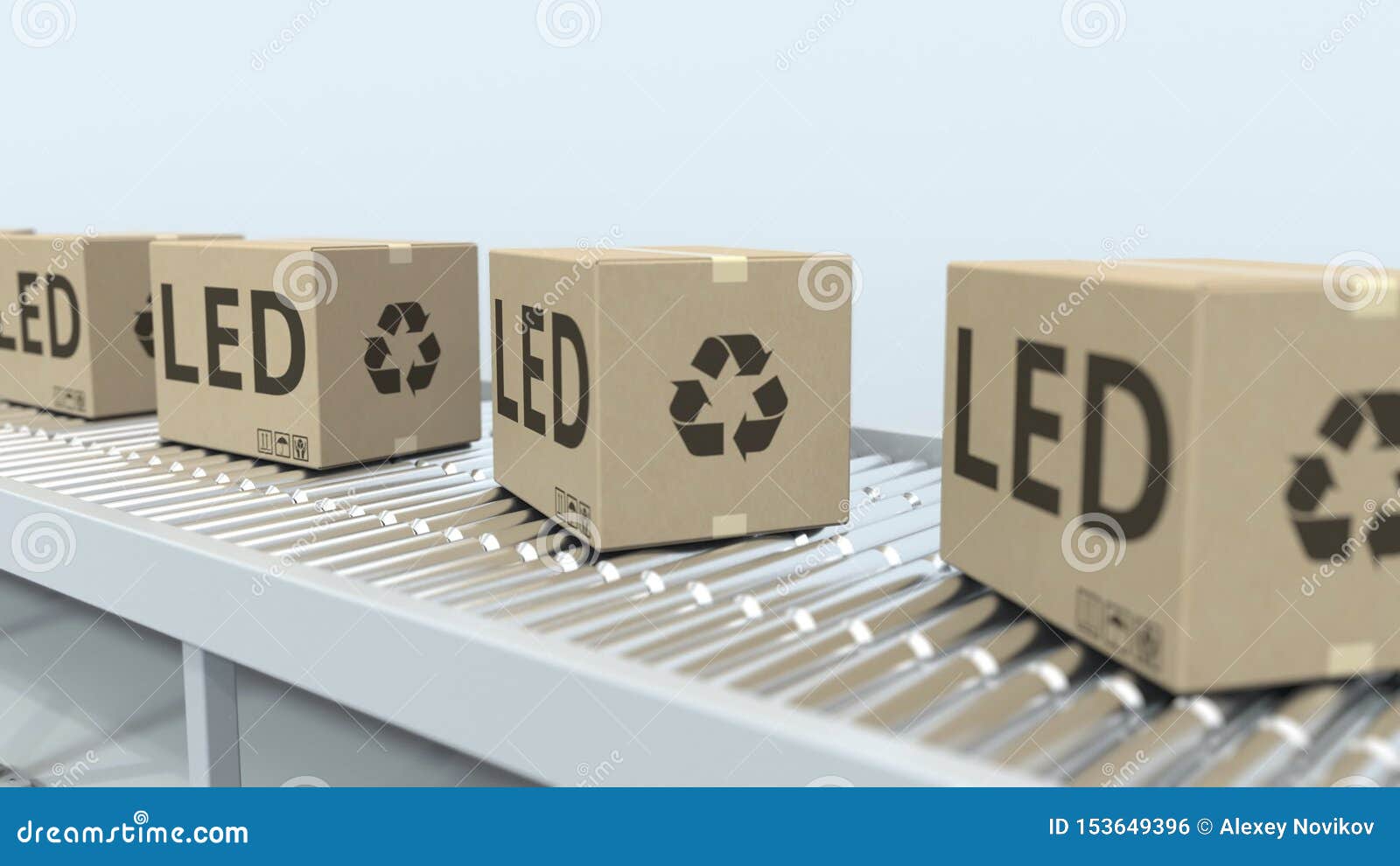 Cartons with LED Lighting Equipment on Roller Conveyor. 3D Rendering ...