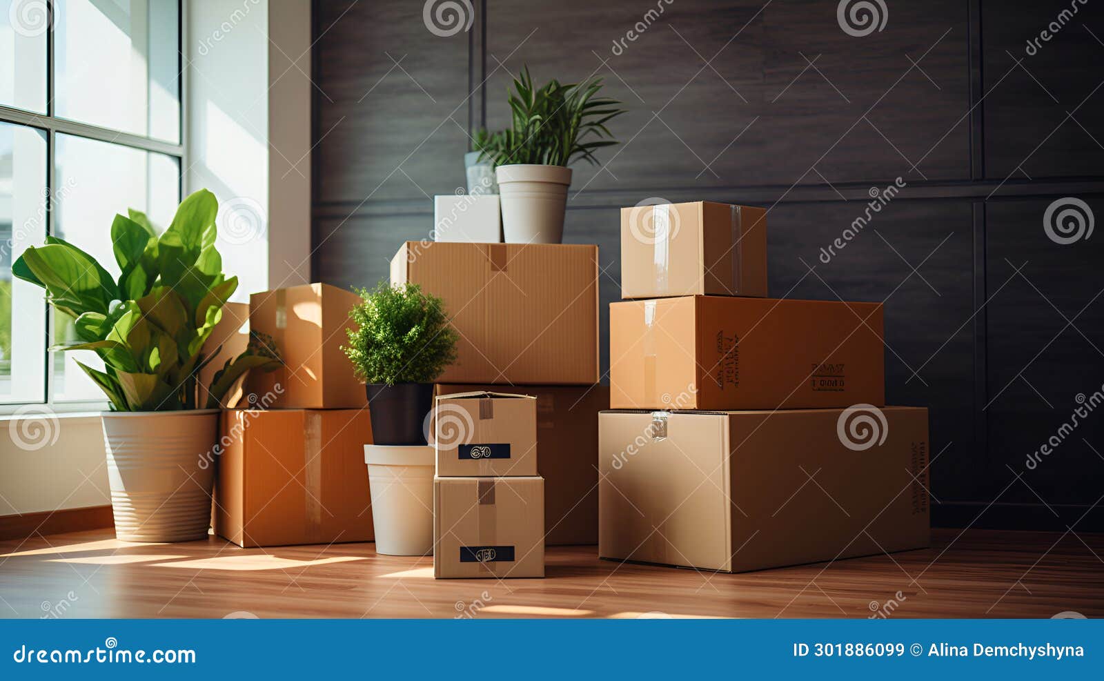 Boxes with Things and Indoor Plants are in an Empty Room, Moving Stock ...