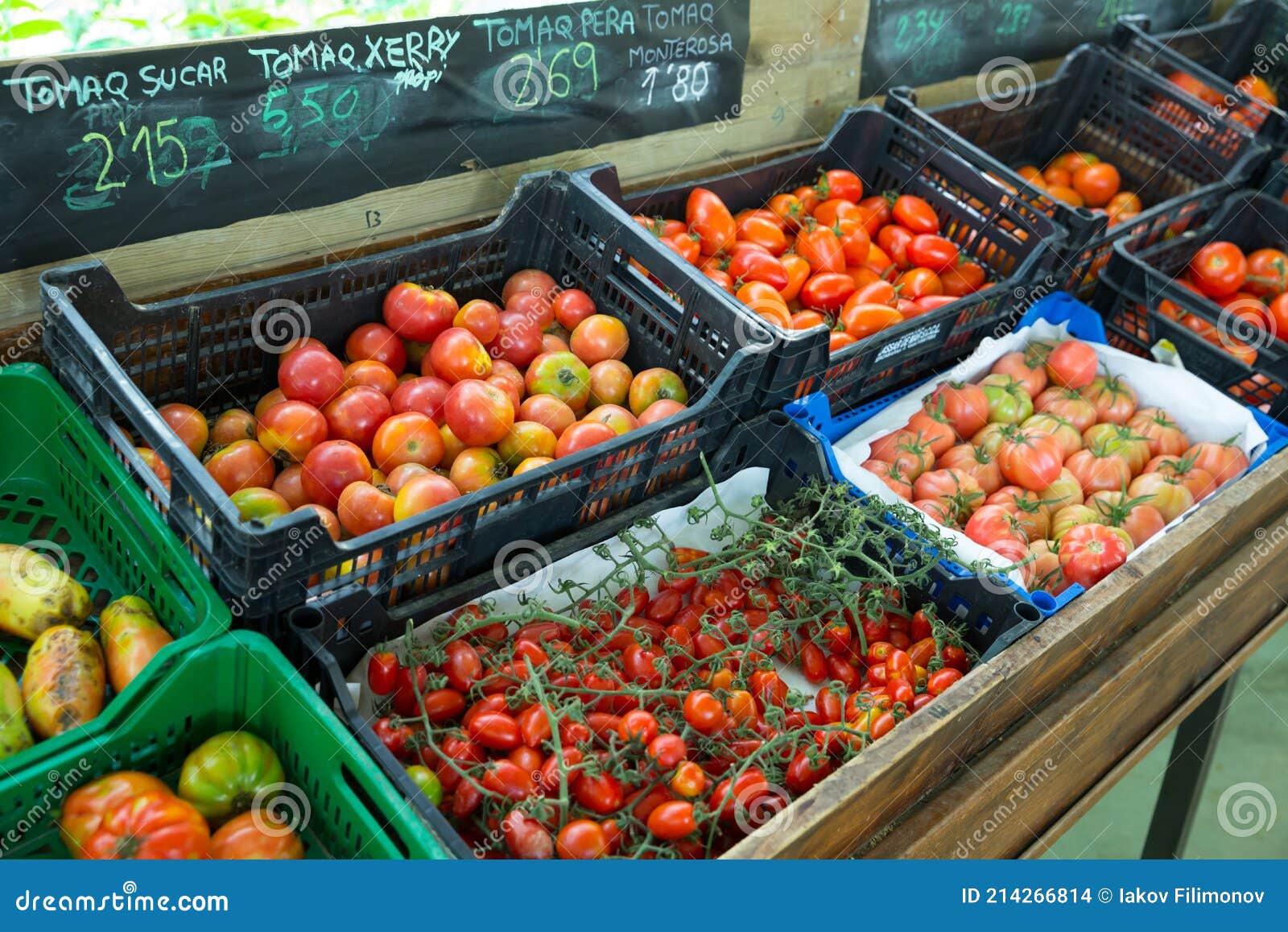 Boxes with Tomatoes in Grocery Store Stock Photo - Image of market ...