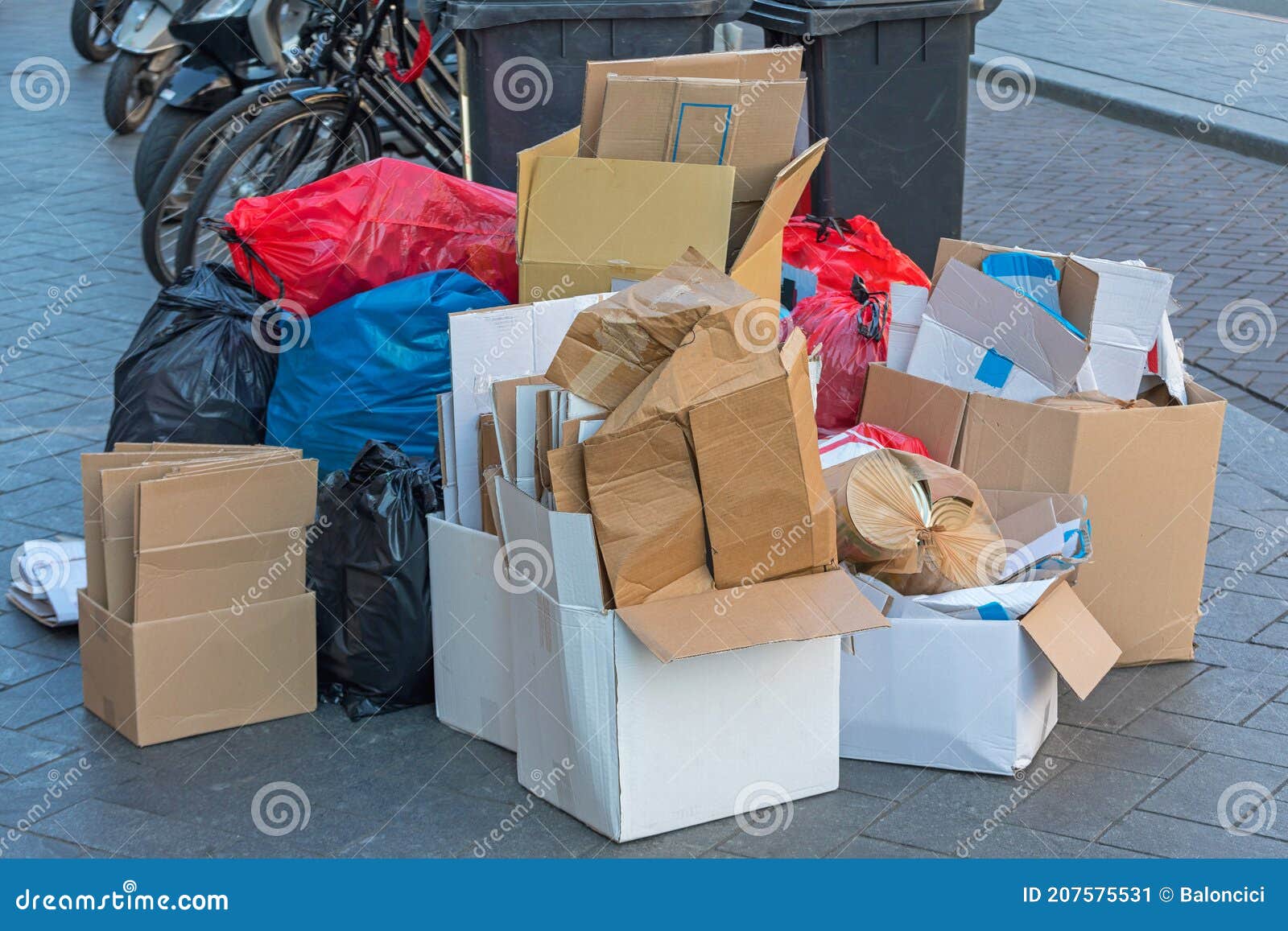 Boxes Trash Street stock image. Image of recycle, bags - 207575531