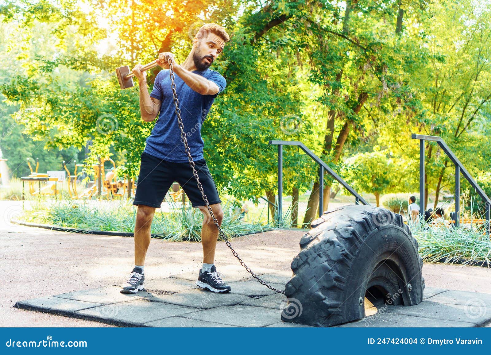Boxing Hammer Exercise. Young Fighter Hits Tire with a Sledgehammer ...
