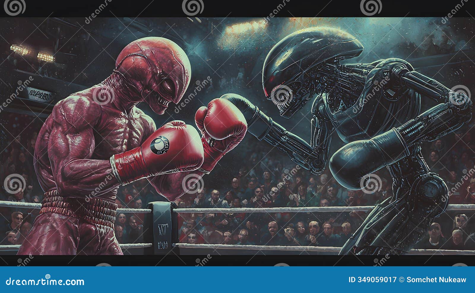 Boxing Match Human Vs. Robot Arena Digital Art Nighttime Dynamic ...