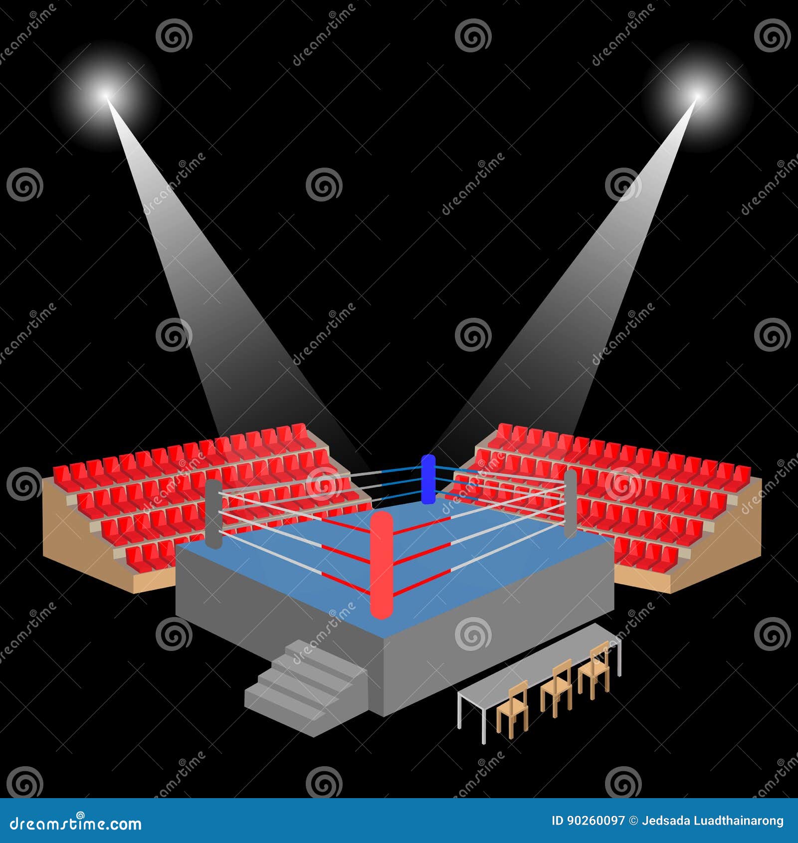 Boxing Ring Arena with Empty Seats and Referee Table Spotlight Stock ...