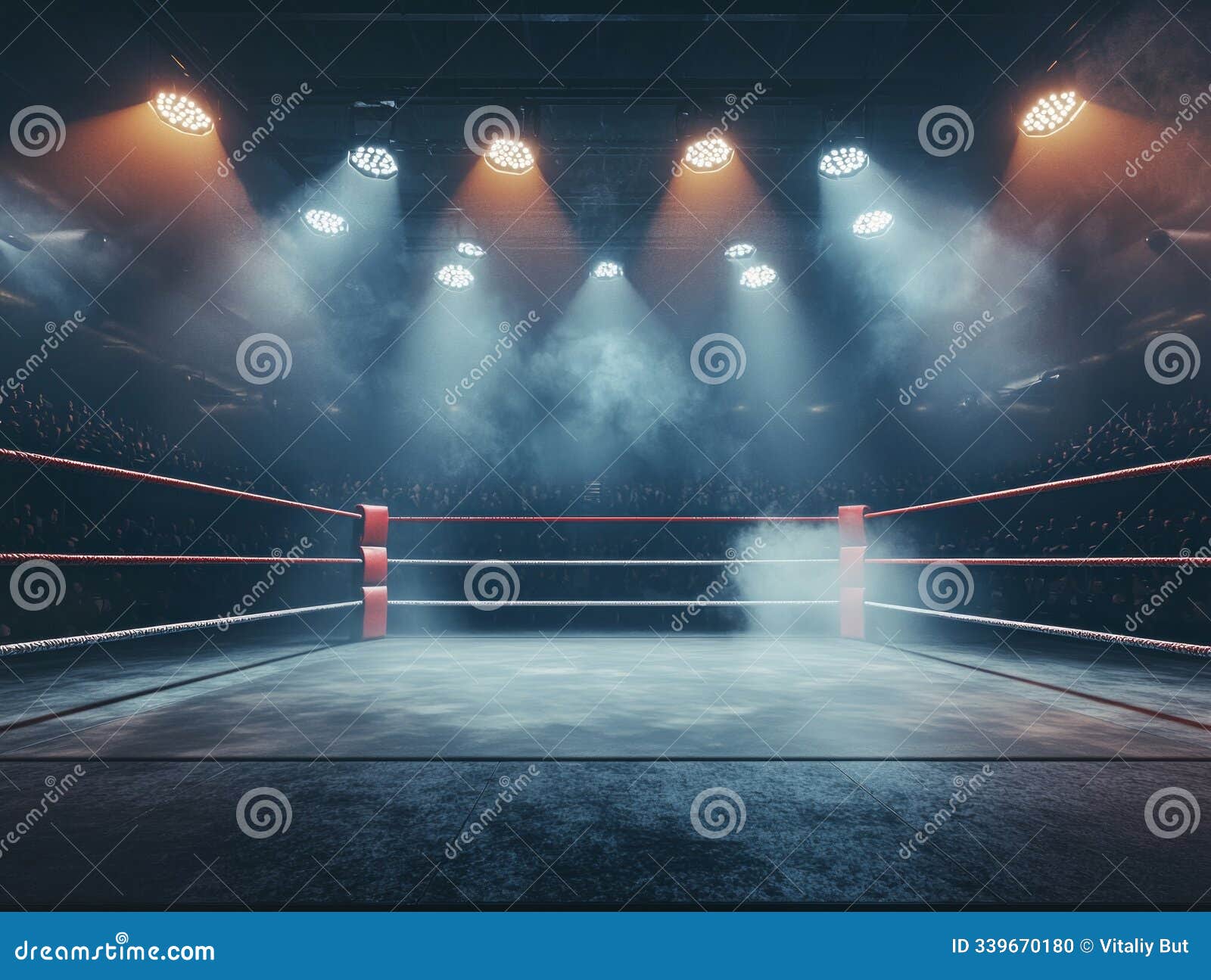 Boxing Ring is Dramatically Illuminated by Overhead Spotlights with ...