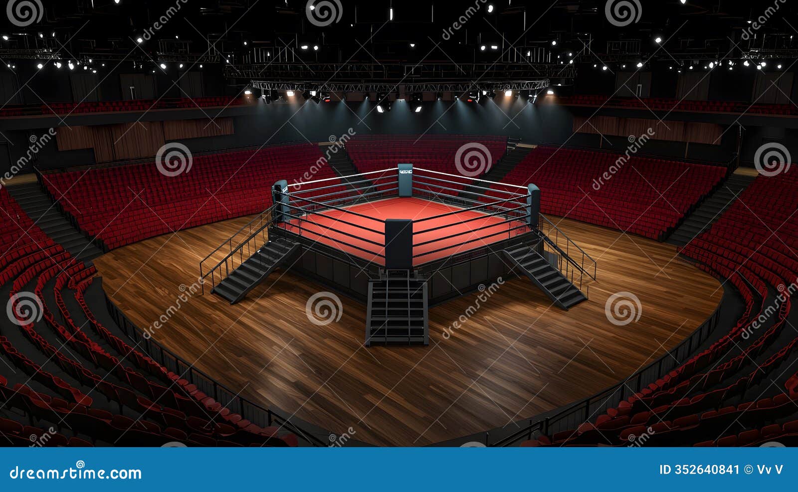 Boxing Ring in an Empty Arena with Red Seating. Stock Illustration ...