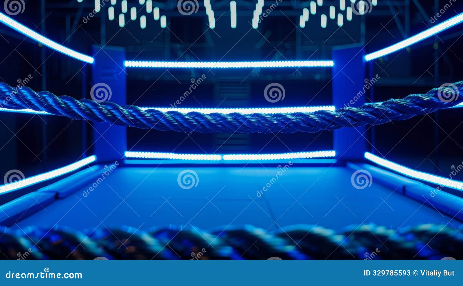 Boxing Ring Illuminated by Bright Blue Lights, Casting Dramatic Shadows ...