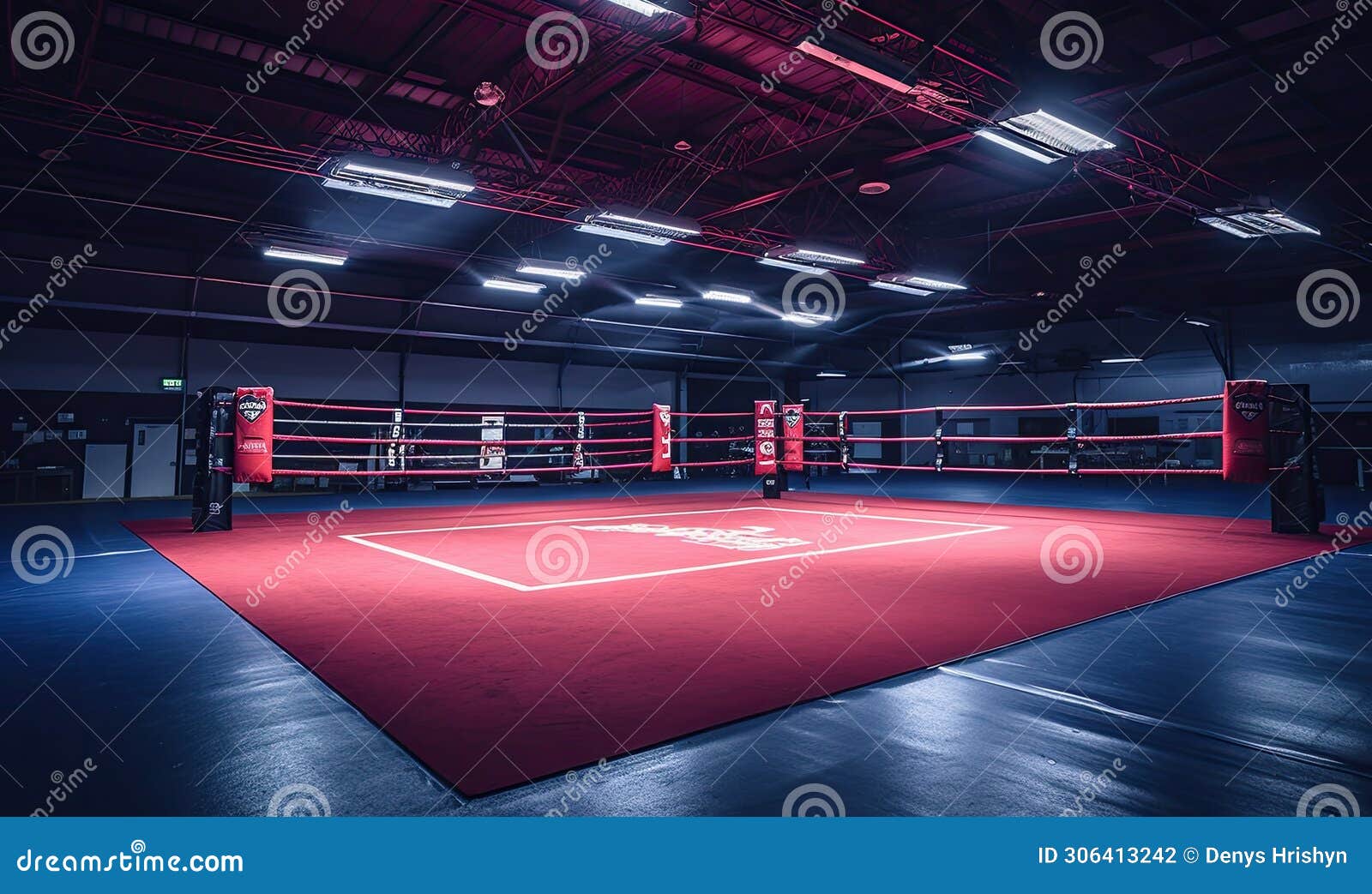 Boxing Ring Illuminated by Red and Blue Lights Stock Illustration ...