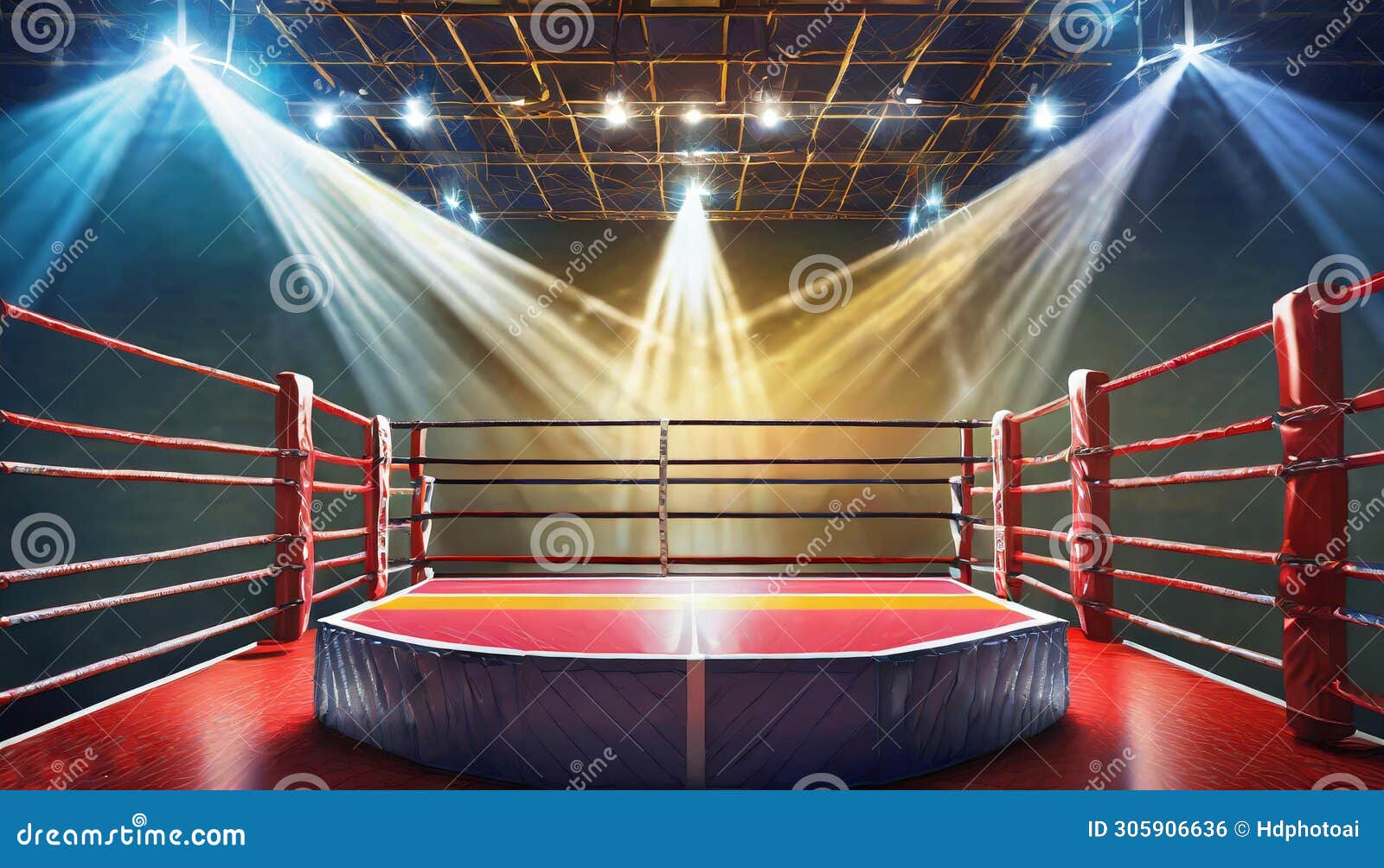 Boxing Ring with Illumination by Spotlights. Digital Effect 3d Render ...