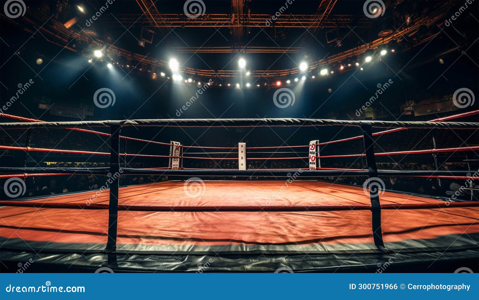 Boxing Ring with Illumination by Spotlights. Digital Effect 3d Render ...