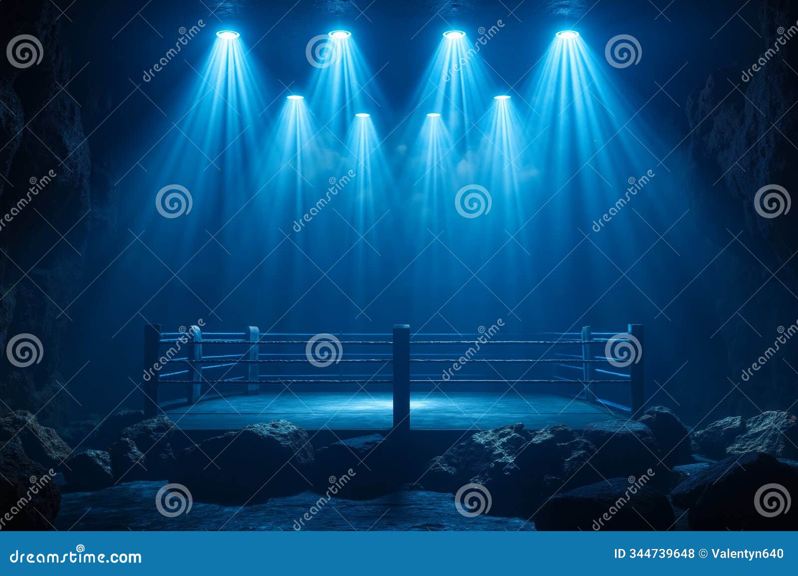 A Boxing Ring in the Middle of a Dark Cave with Spotlights Shining on ...