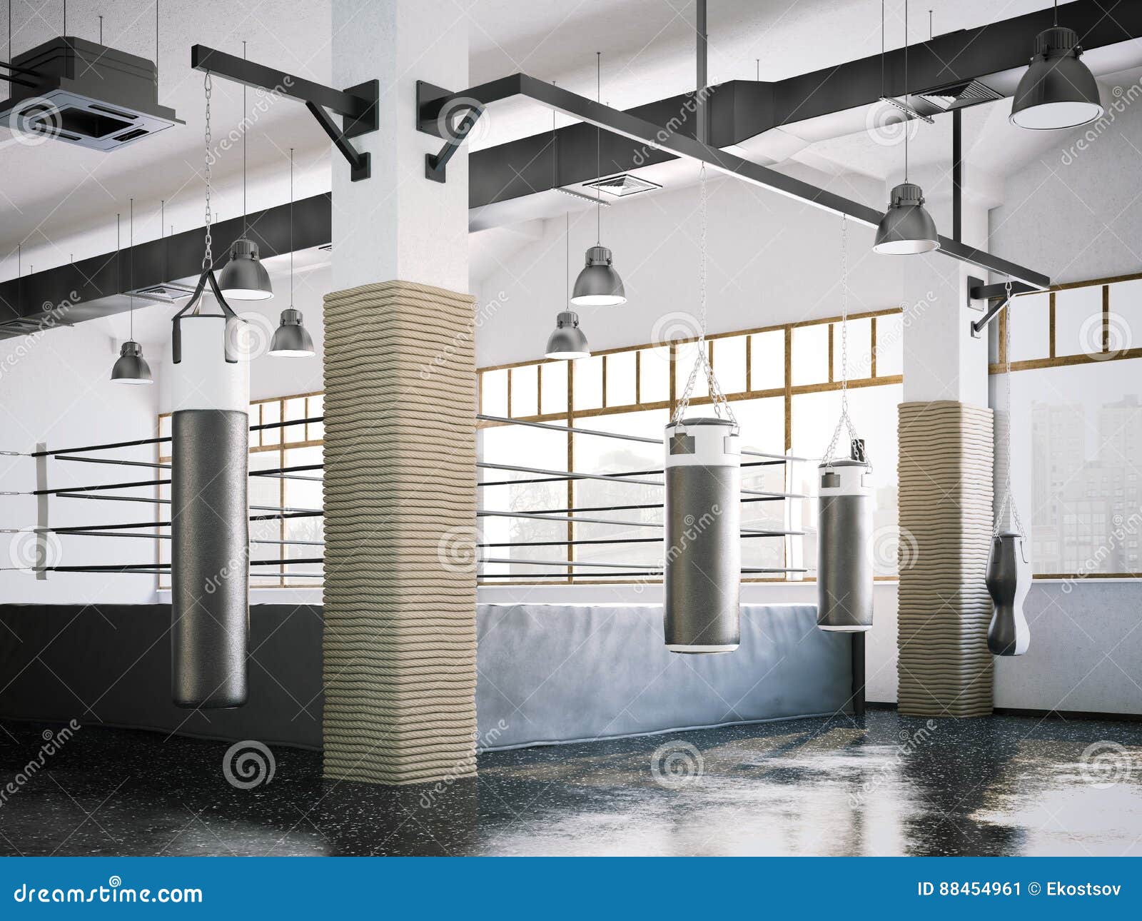 Boxing Ring and Punching Bags in a Gym Interior. 3d Rendering Stock ...