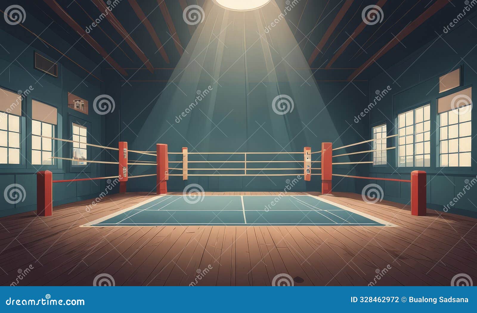 Boxing Ring with Red Ropes and Blue Floor is Illuminated by Bright ...