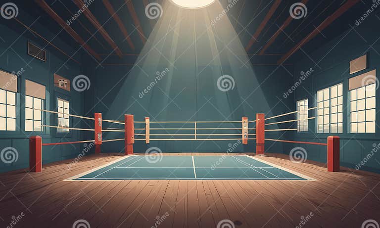 Boxing Ring with Red Ropes and Blue Floor is Illuminated by Bright ...