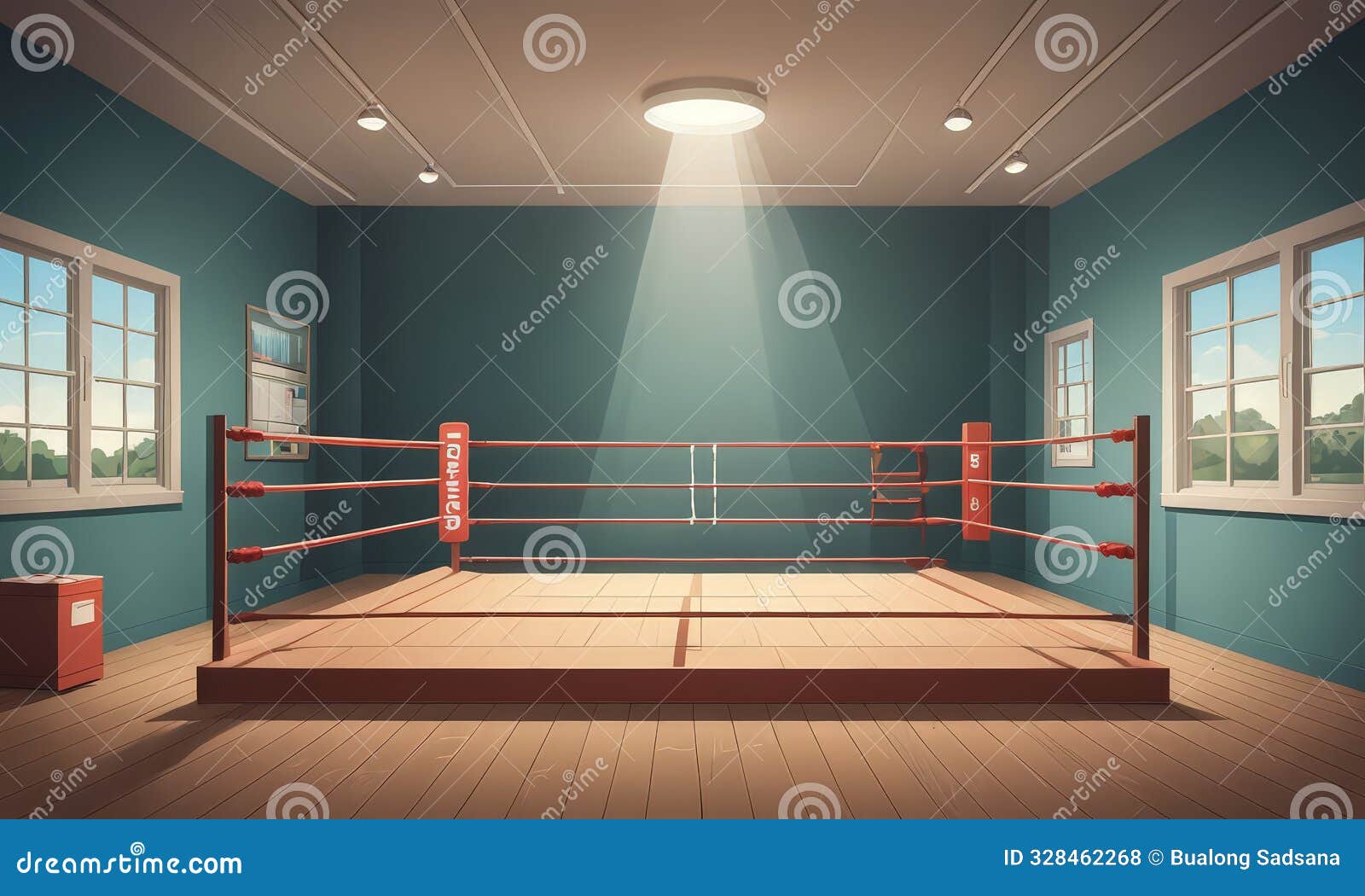 Boxing Ring with Red Ropes and Wooden Platform is Illuminated by Bright ...