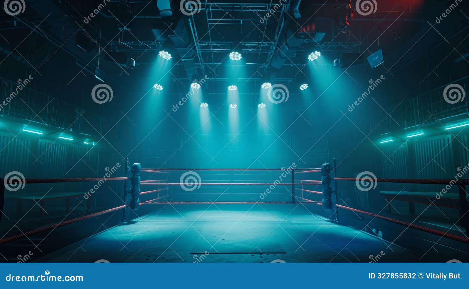 Boxing Ring Stands Illuminated in a Dark Loft Space, Bathed in the Cool ...