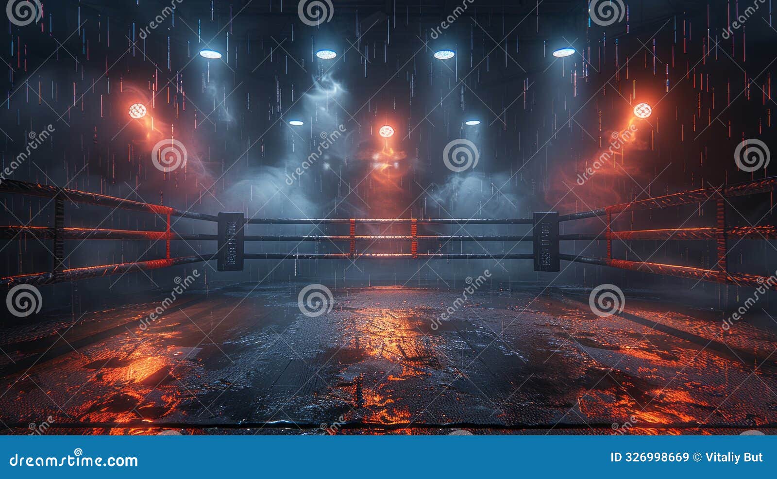 Boxing Ring Stands Illuminated Under a Dramatic Spotlight, Rain Falling ...