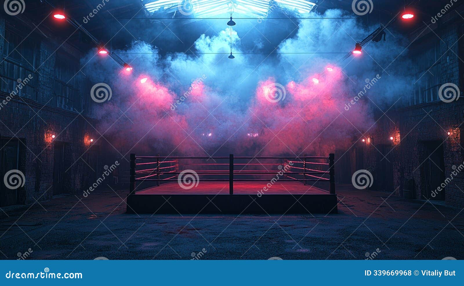 Boxing Ring Stands Ready for an Intense Fight Enveloped in Smoke Under ...