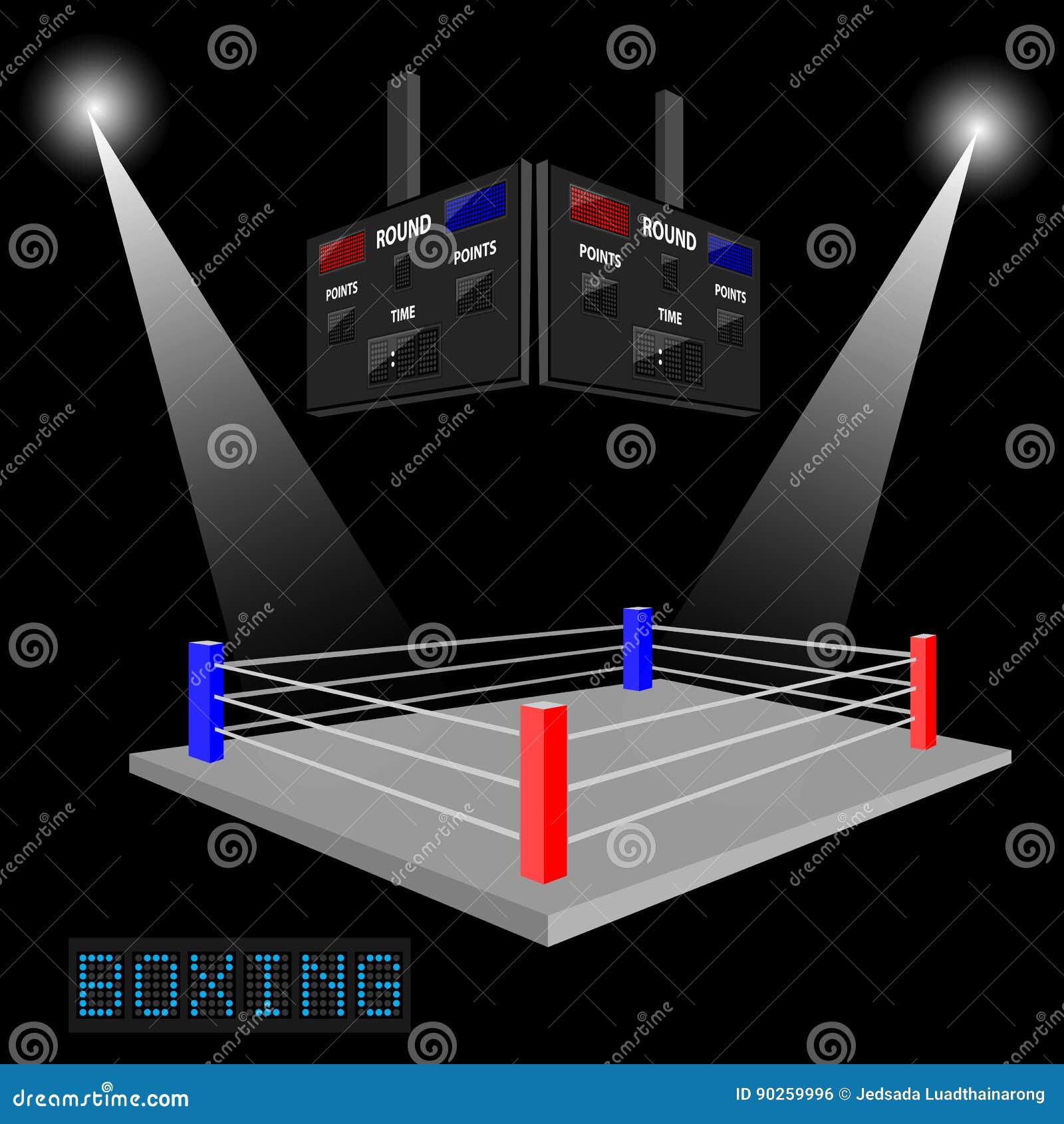 Boxing Ring Surrounded by Spotlight on Dark Background with Scoreboard ...