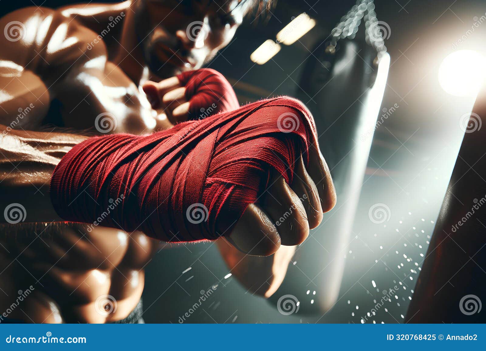 Boxing Training, Hands Wrapped in Red Boxing Bandages while Punching a ...