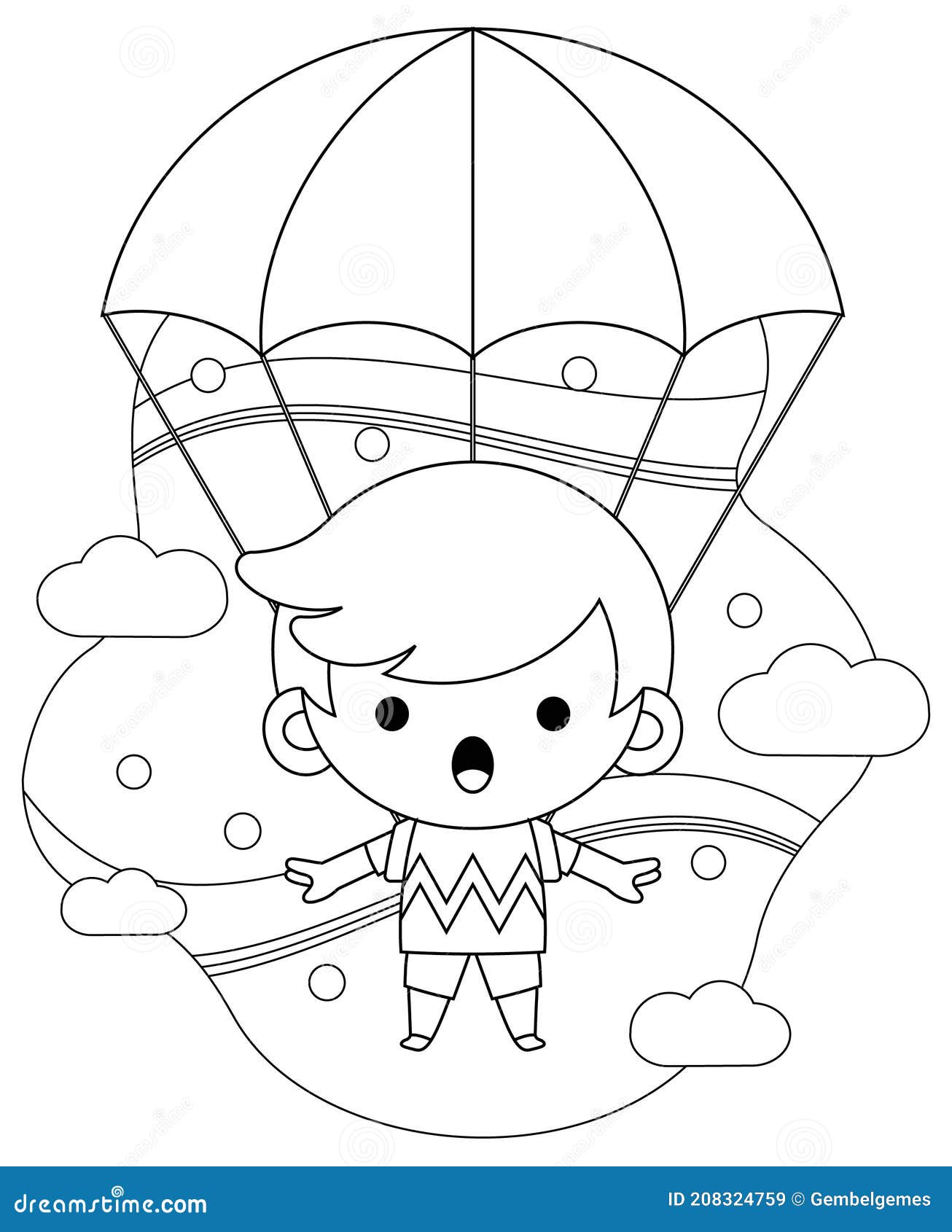 Coloring Book for Kids. Cute Little Boy Flying with Parachute Stock ...