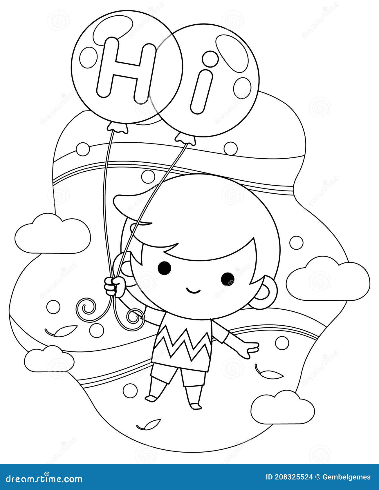 Coloring Book for Kids. Happy Cute Little Boy Flying with Balloons in ...