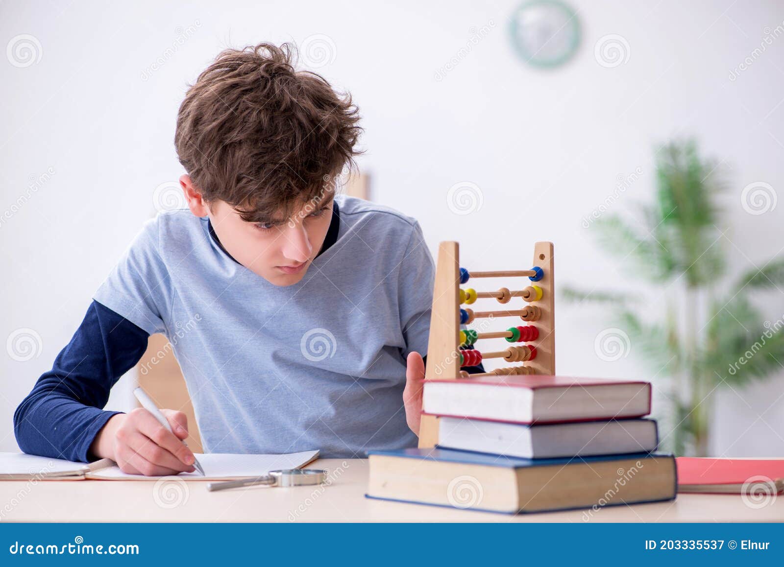 Schoolboy with Abacus Studying Math at Home Stock Image - Image of math ...