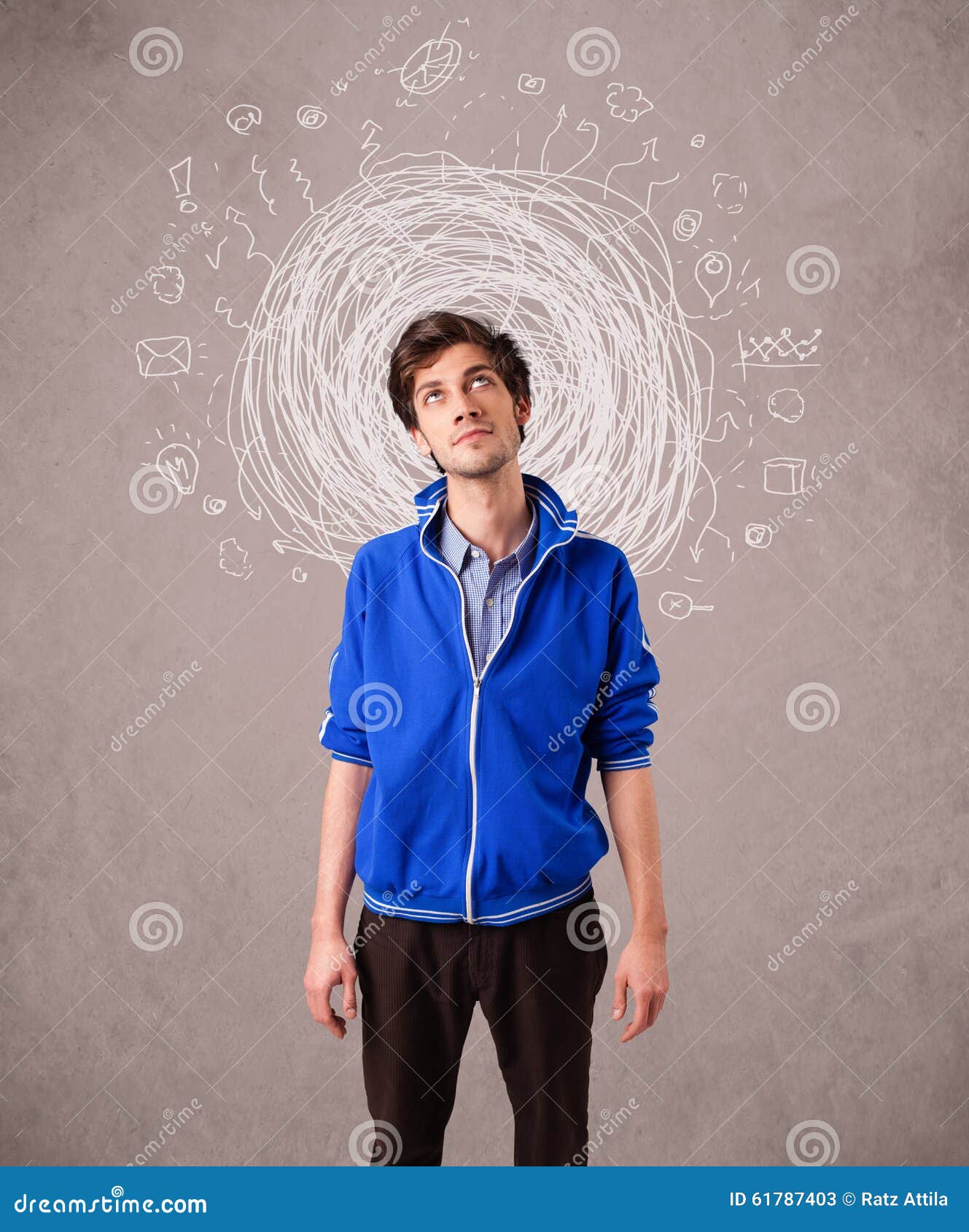 Boy with Abstract Circular Doodle Lines and Icons Stock Image - Image ...
