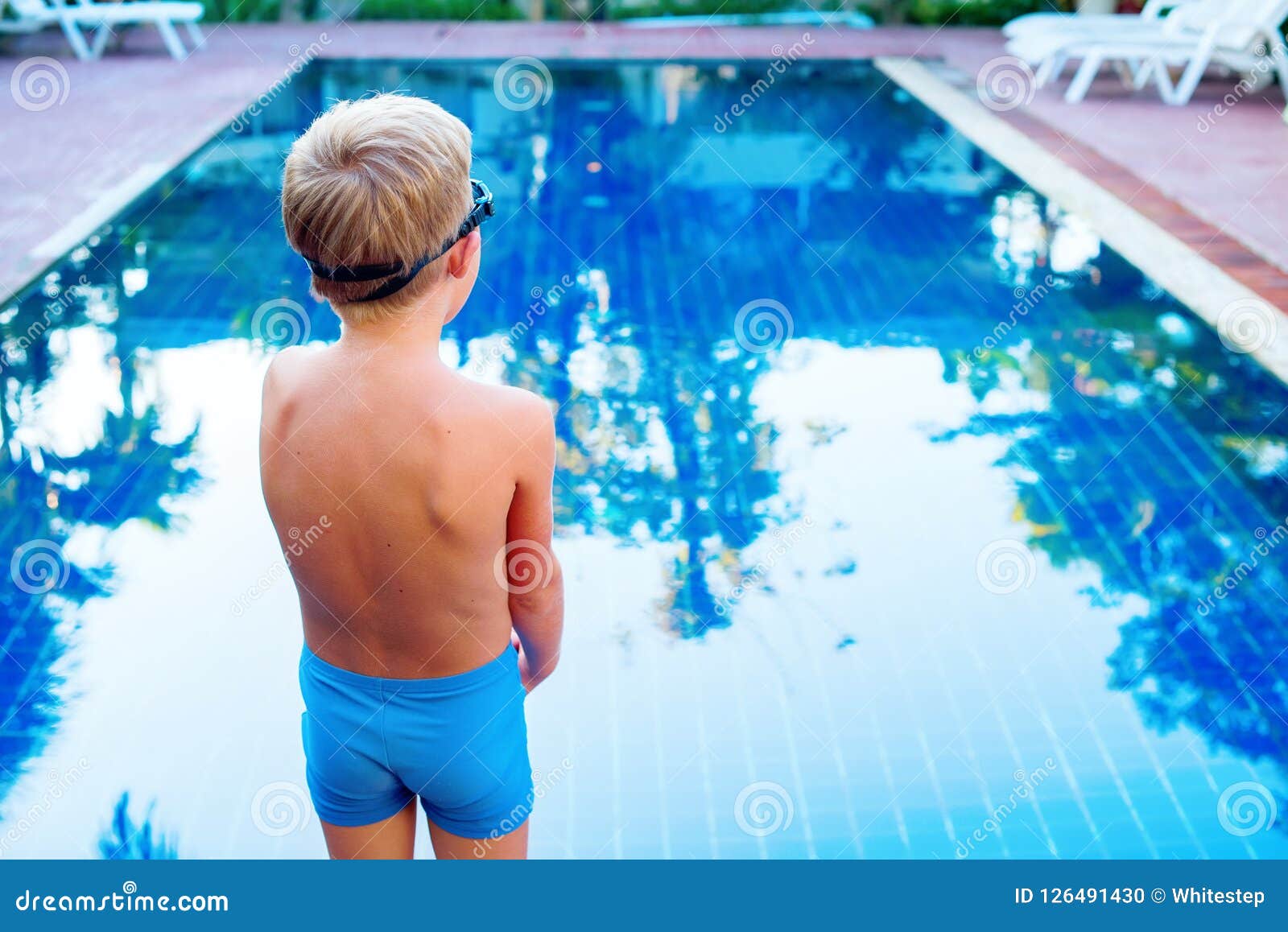 Boy Afraid Expects before Jump in Swimming Pool Stock Photo - Image of ...