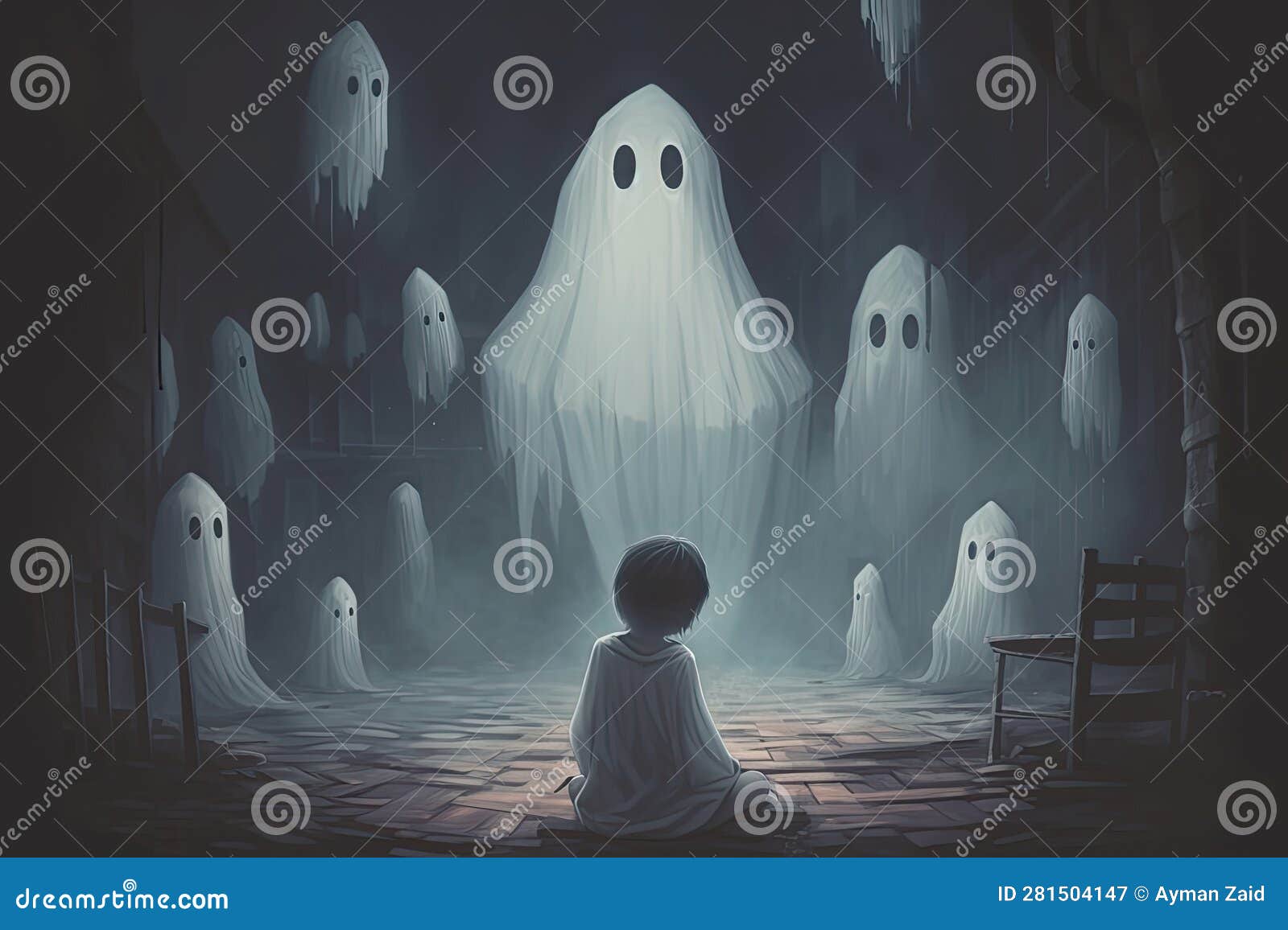 Boy is Afraid of Ghosts at Night Stock Illustration - Illustration of ...