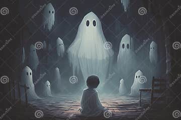 Boy is Afraid of Ghosts at Night Stock Illustration - Illustration of ...