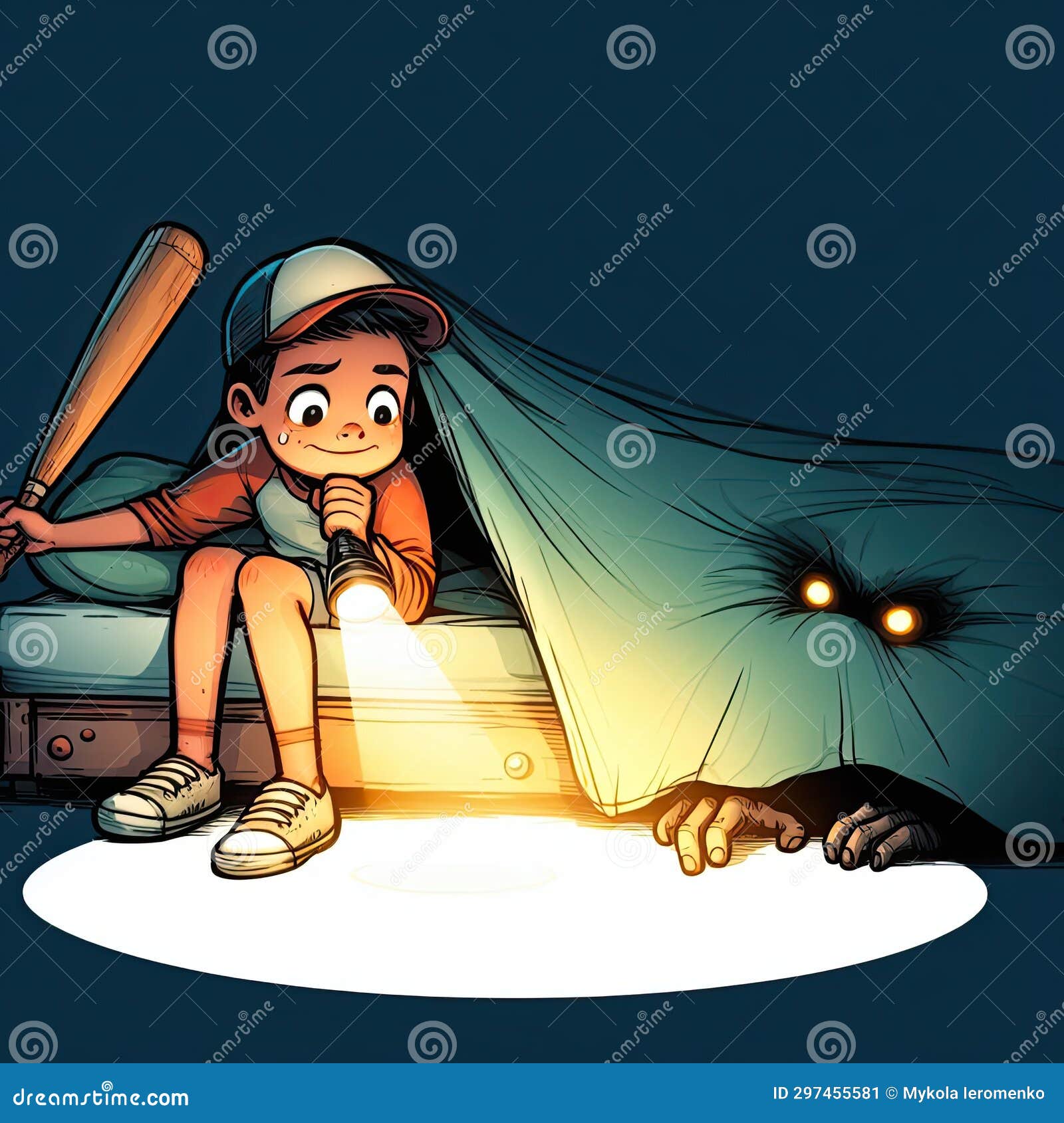 A Boy is Afraid of a Monster that Hides Under His Bed. Stock ...