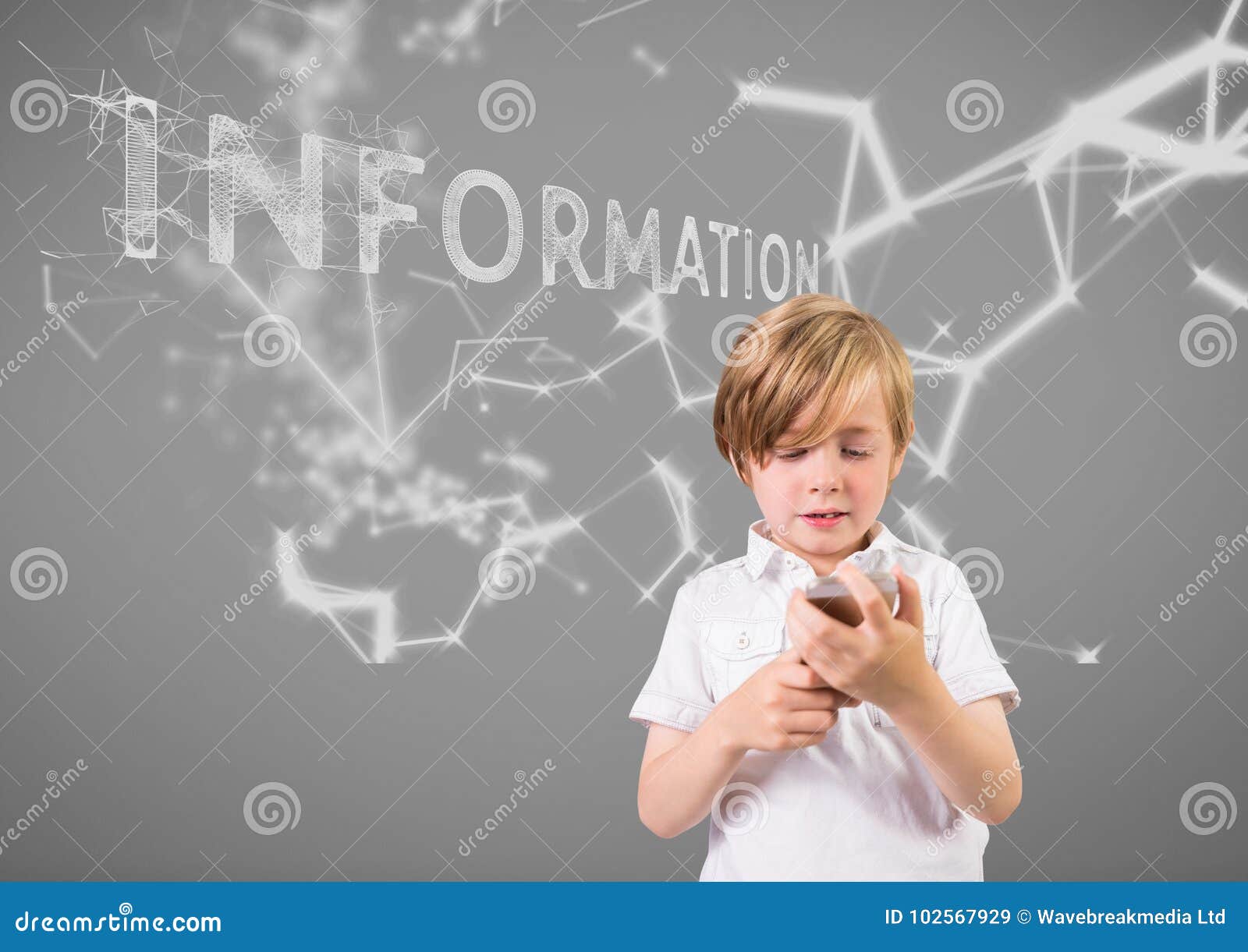 Boy Against Grey Background with Phone and Information Technology ...