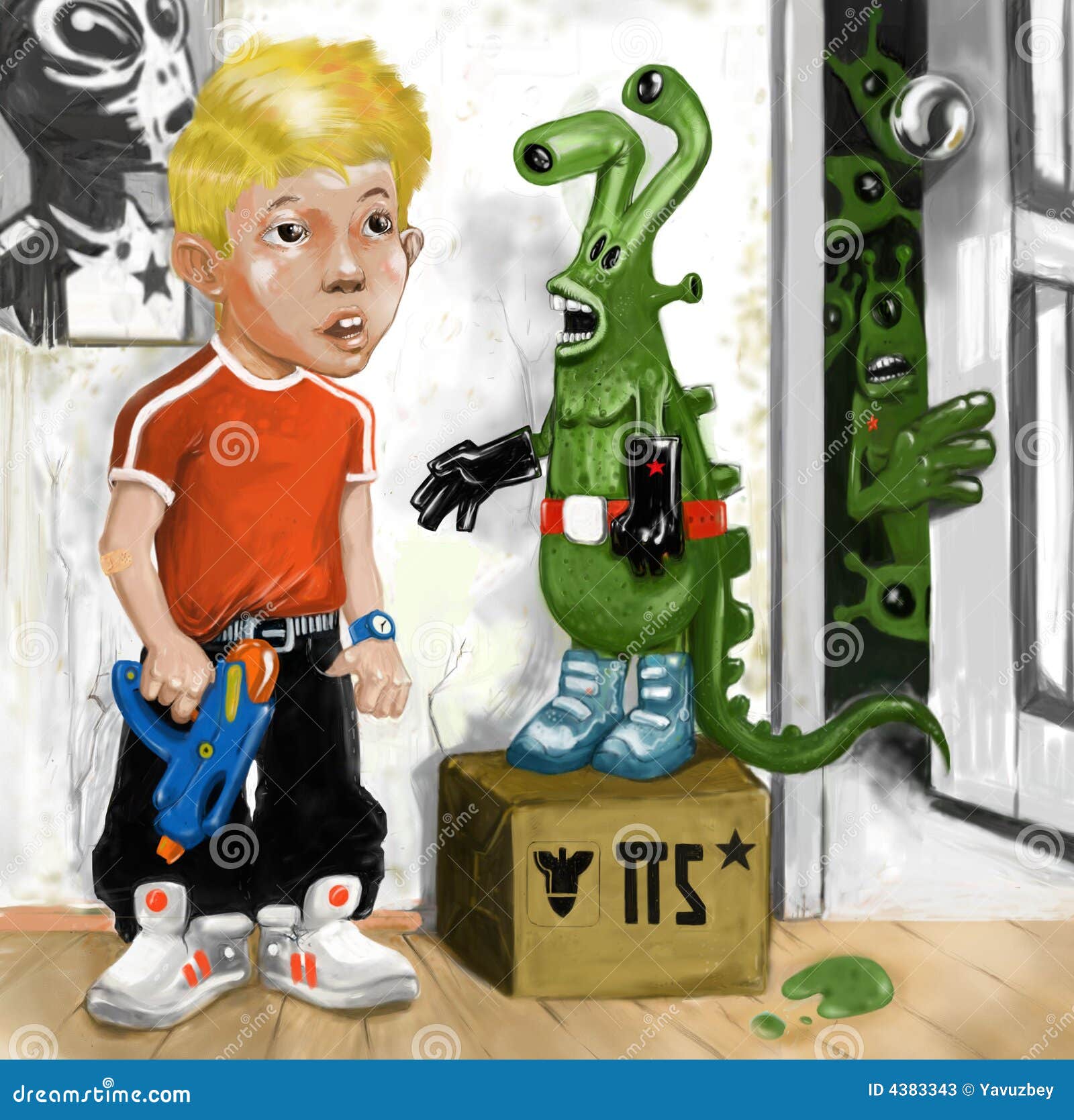 Boy and aliens stock illustration. Illustration of children - 4383343