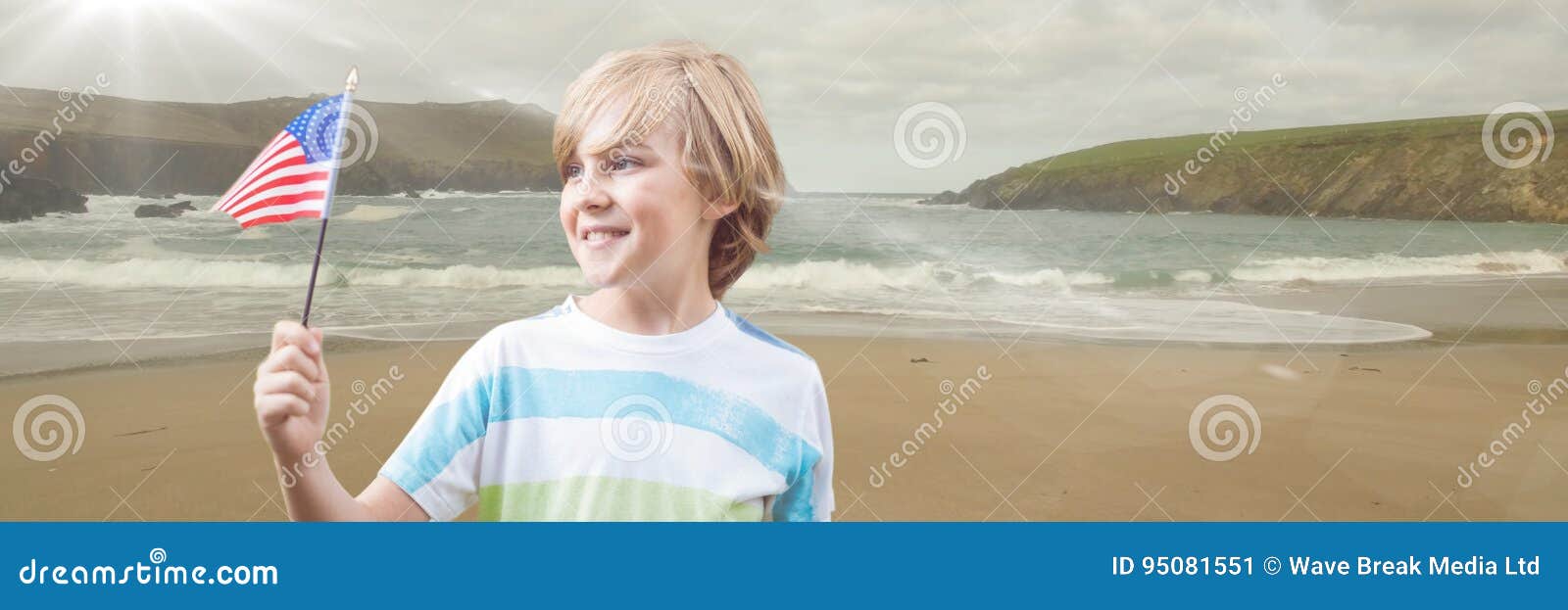 Boy with American Flag on Beach with Flare Stock Image - Image of ...