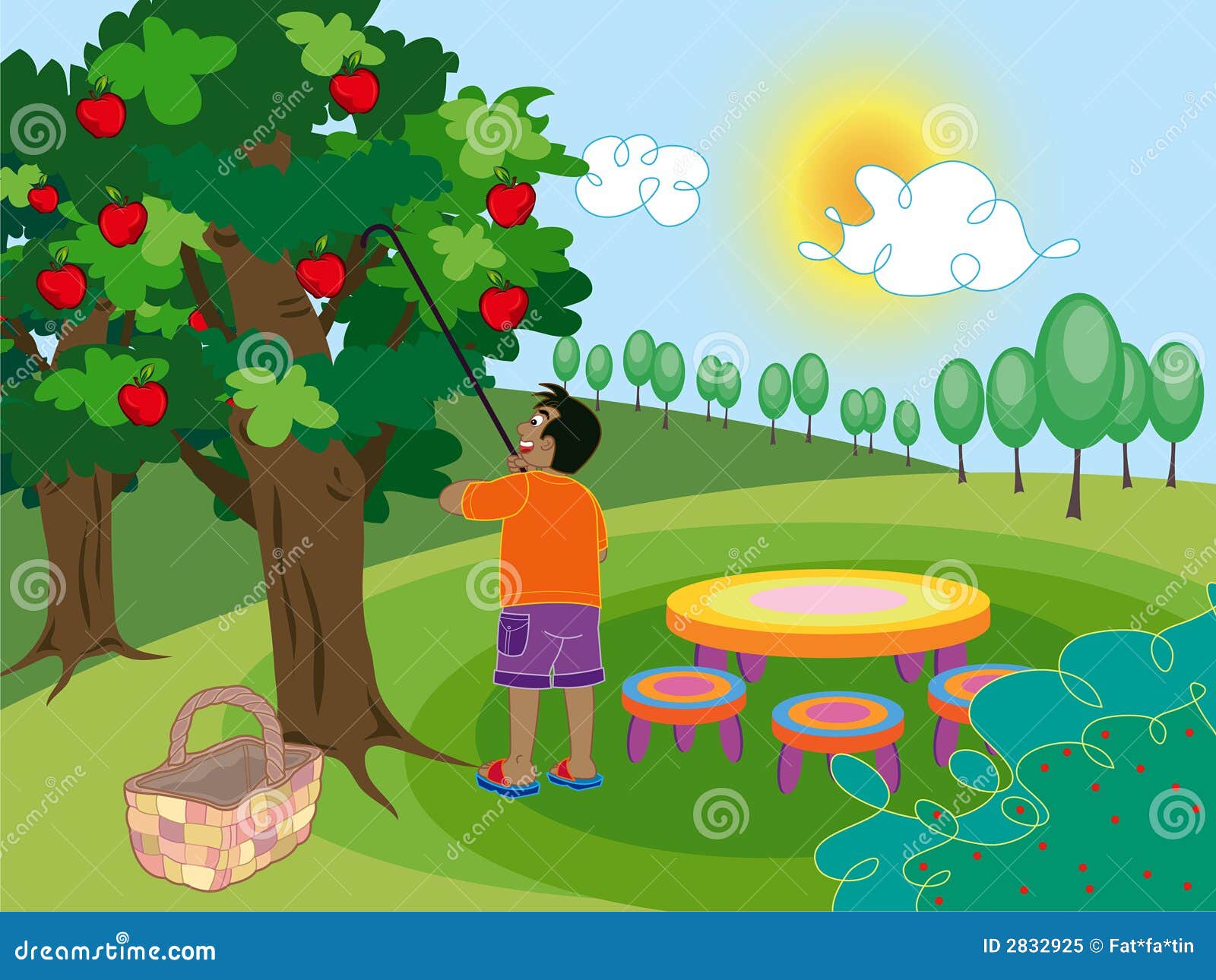 Boy in apple farm stock vector. Illustration of park, clouds - 2832925