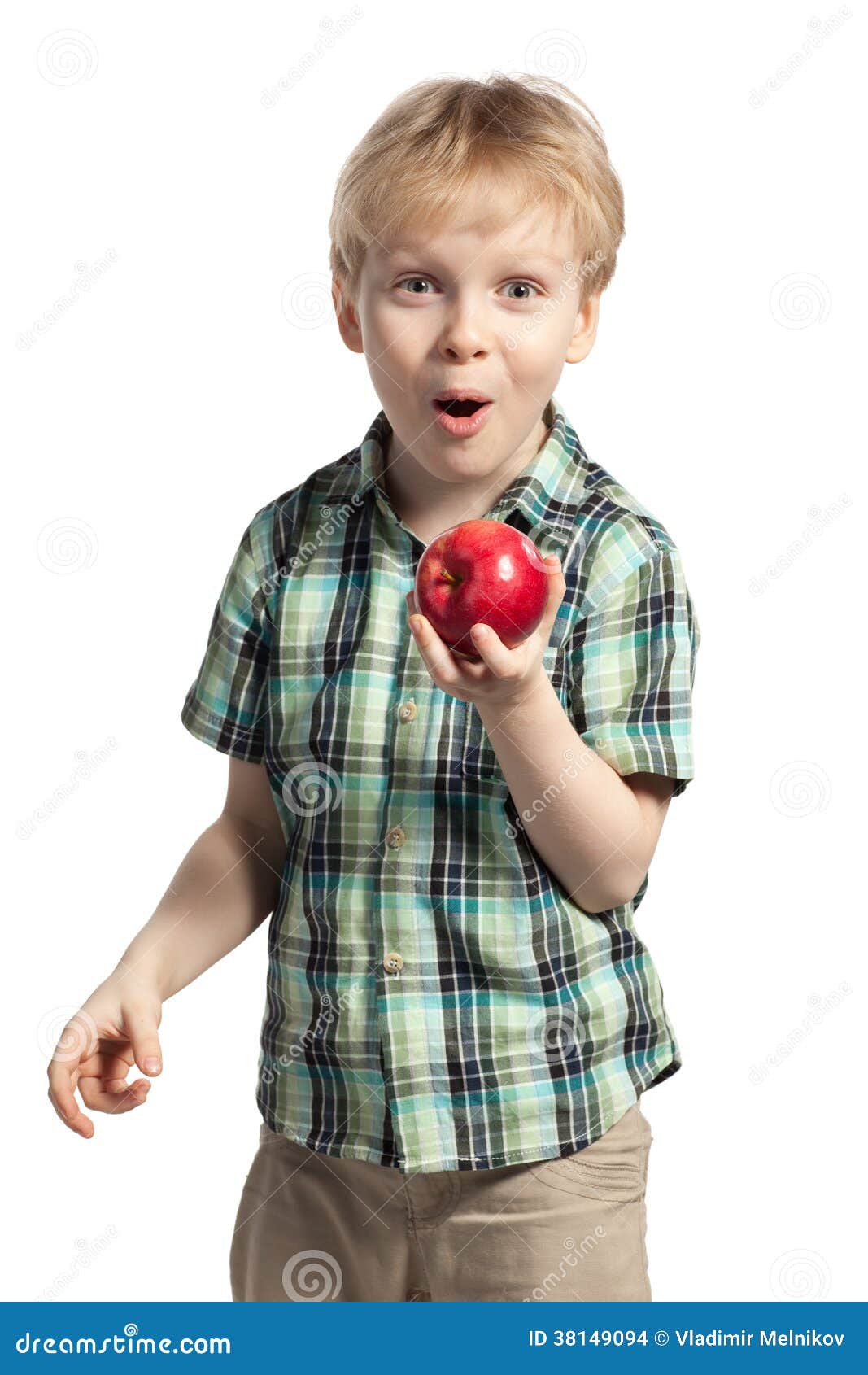 Boy with apple isolated stock photo. Image of jean, hand - 38149094