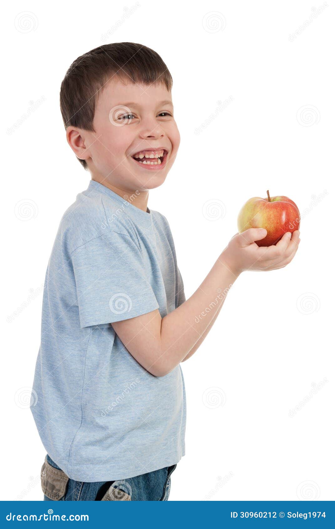 Boy with apple on white stock photo. Image of gray, apple - 30960212