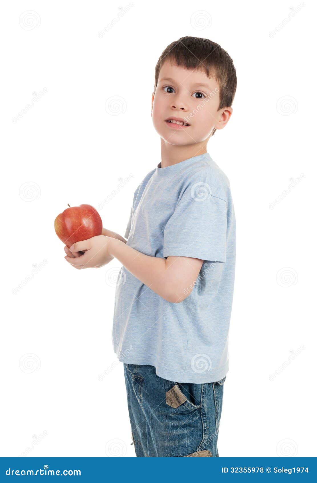 Boy with apple on white stock photo. Image of person - 32355978