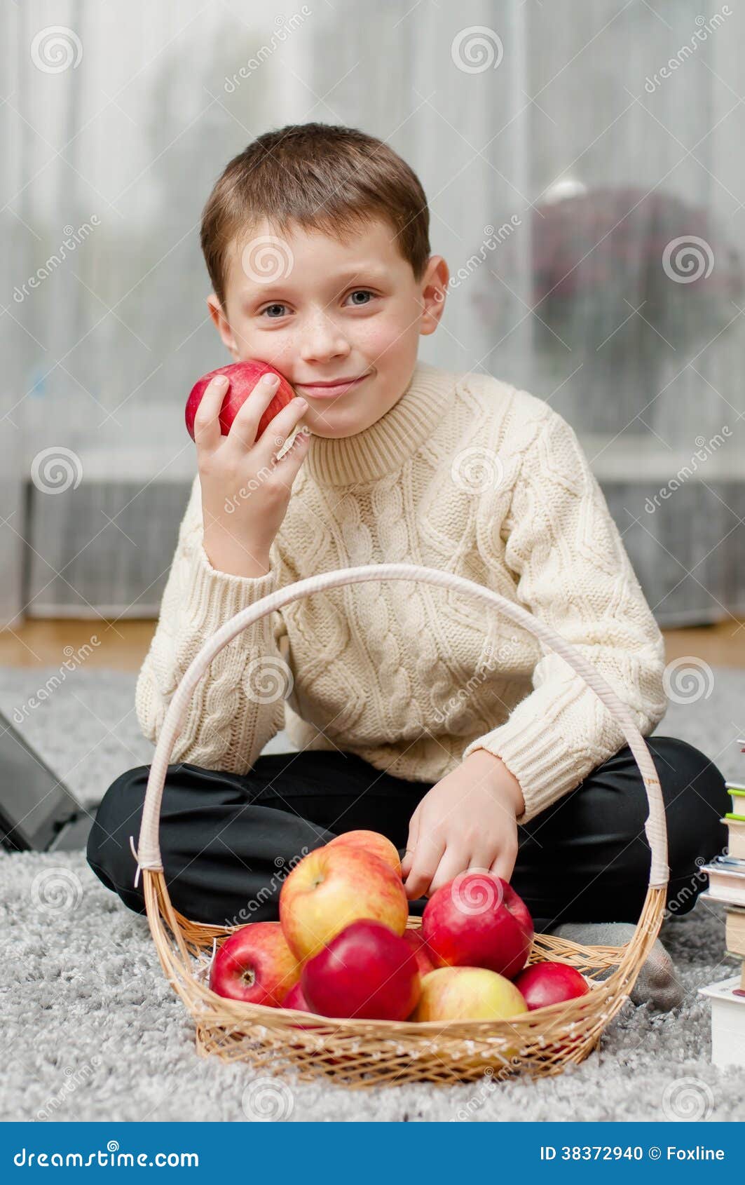 Boy with Apples and Books at Home Stock Photo - Image of face ...
