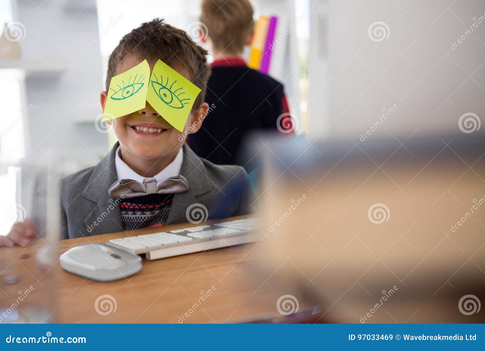 Boy As Business Executive with Sticky Notes on His Eyes Stock Image ...
