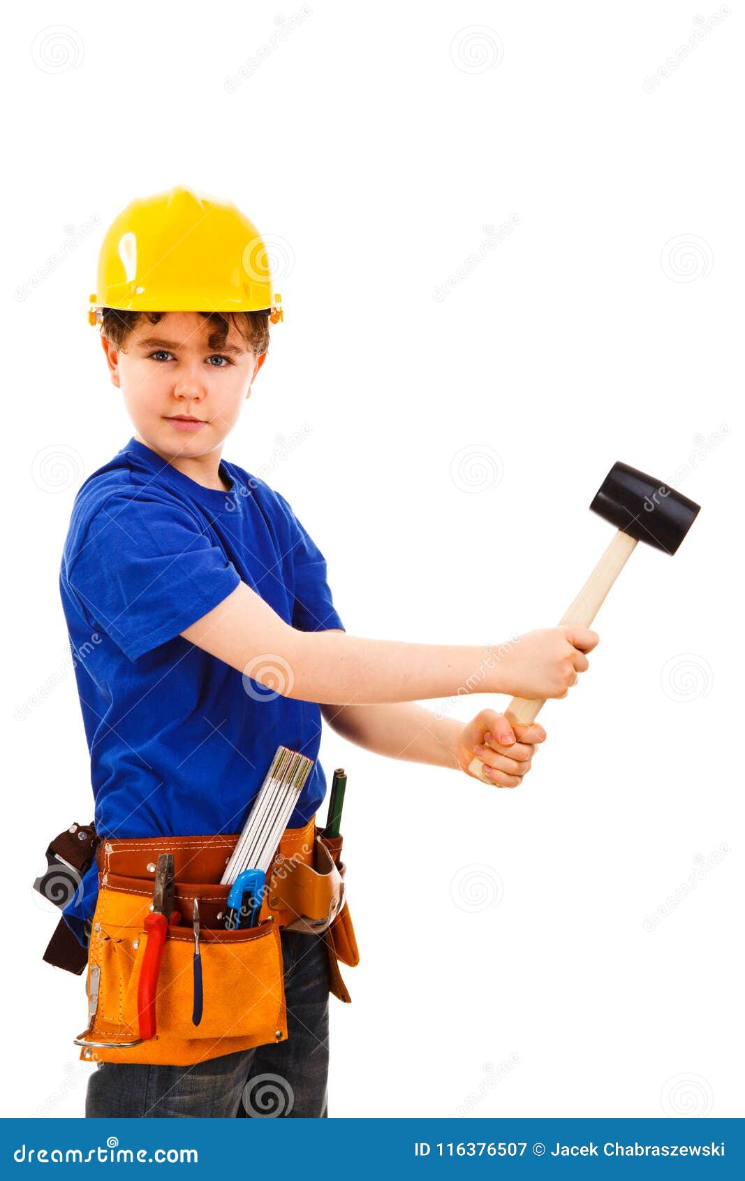 Boy As Construction Worker on White Background Stock Image - Image of ...