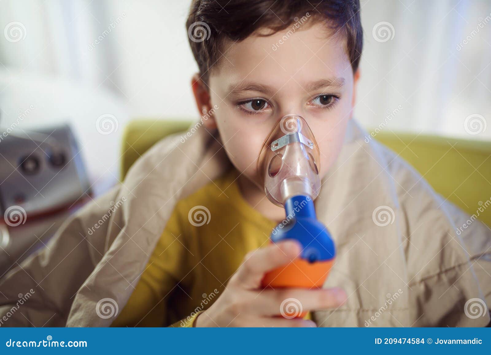 Boy with Asthma Problems Making Inhalation with Mask on Her Face Stock ...