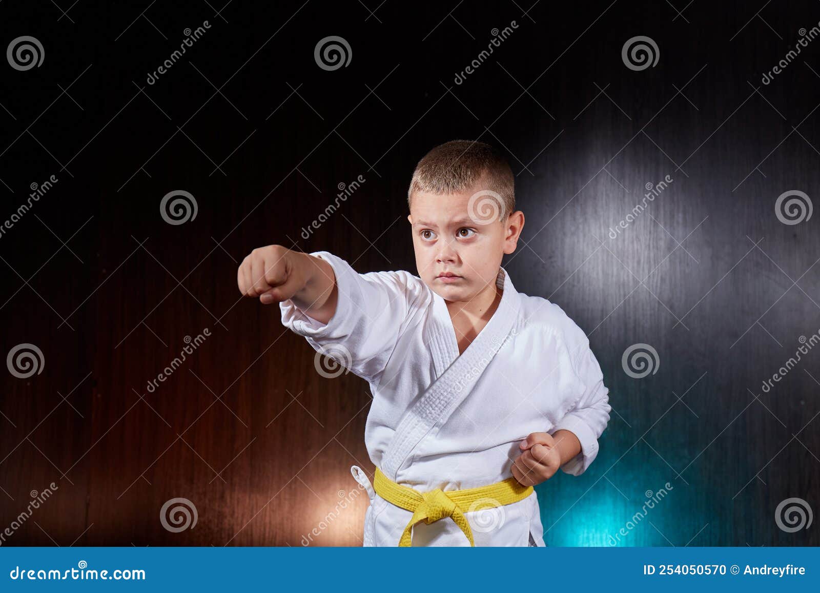 Boy Athlete with Yellow Belt Beats Punches Stock Photo - Image of child ...