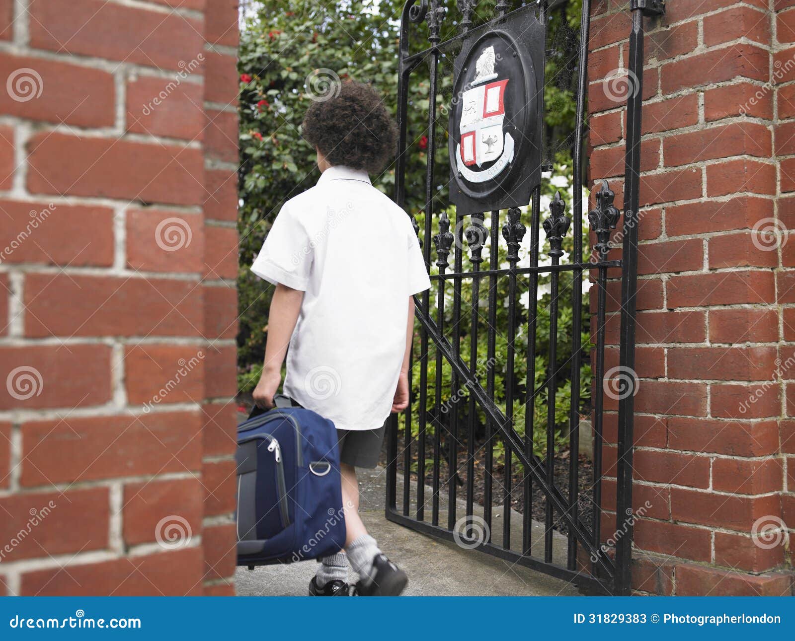 Boy with Backpack Entering School Gate Stock Image - Image of entering ...