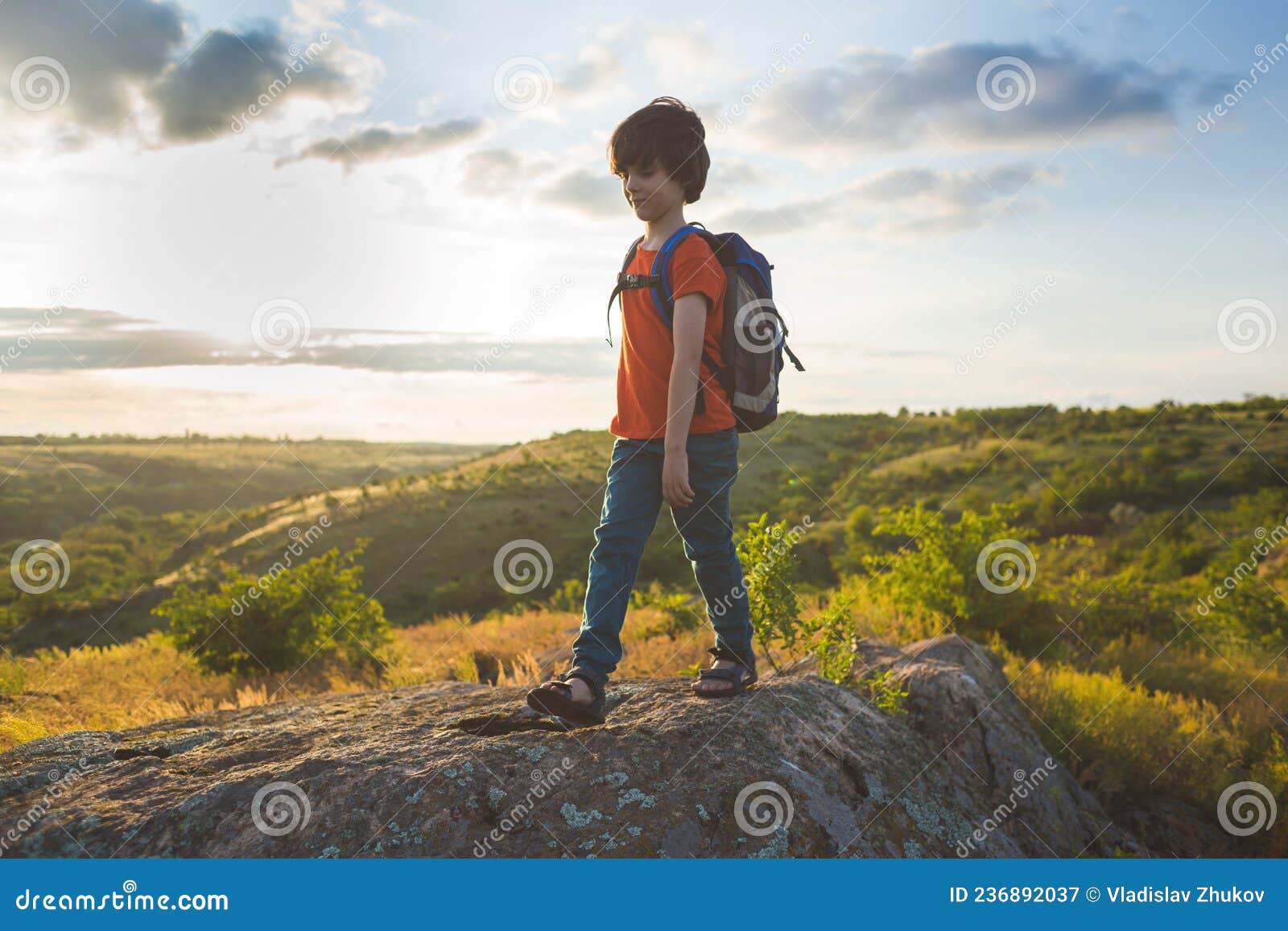 Boy with a Backpack on a Hike Stock Image - Image of happiness, freedom ...