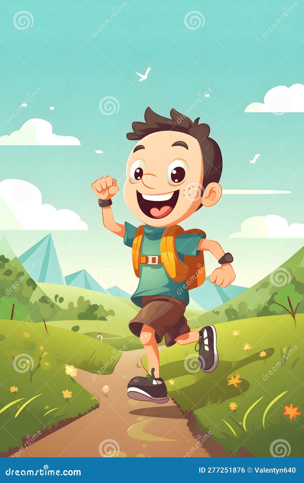 Boy with Backpack is Running in Field with Mountains in the Background ...