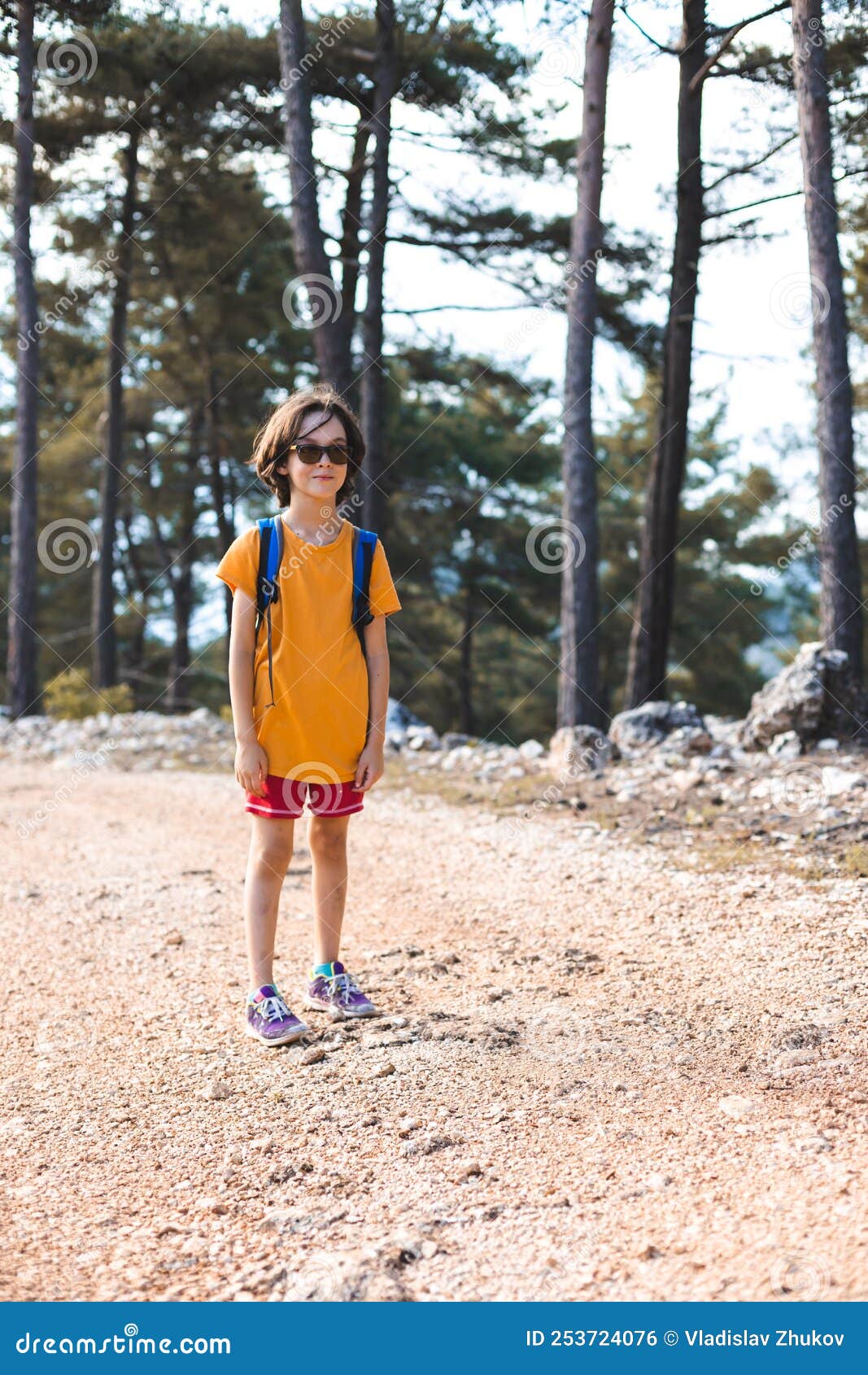 A Boy with a Backpack on a Walk in the Forest Stock Photo - Image of ...