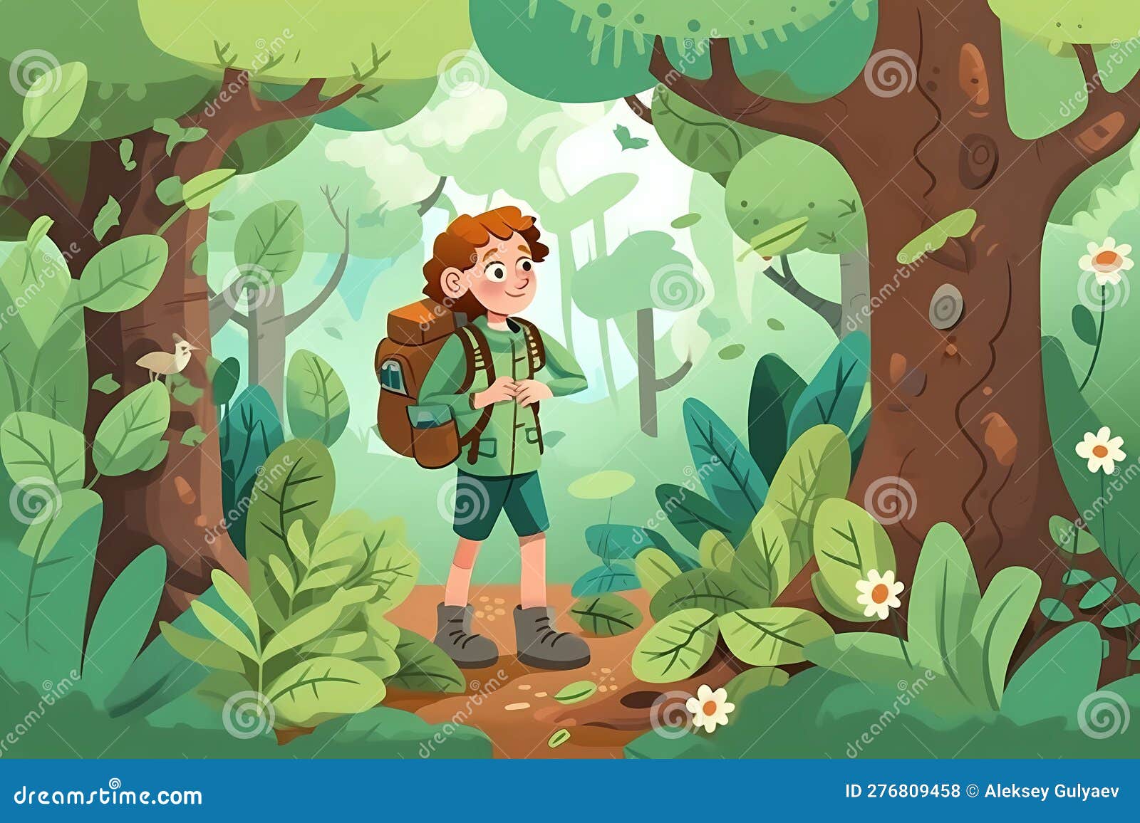 Boy With Backpack Walks In Forest Or Park. Animals And Plants. Vector ...