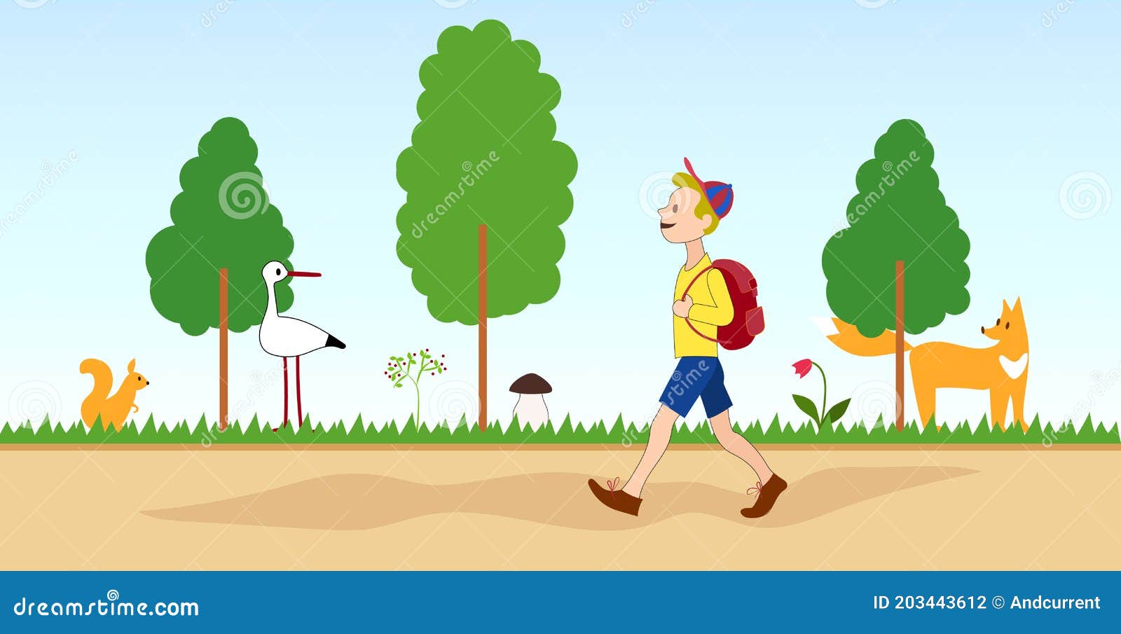 Boy with Backpack Walks in Forest or Park. Animals and Plants. Vector ...