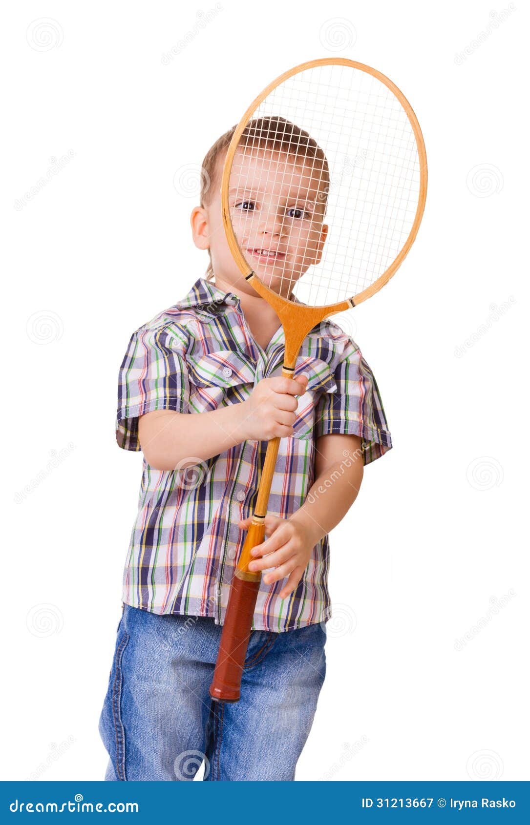 Boy with Badminton Racket on White Stock Image - Image of jeans, racket ...